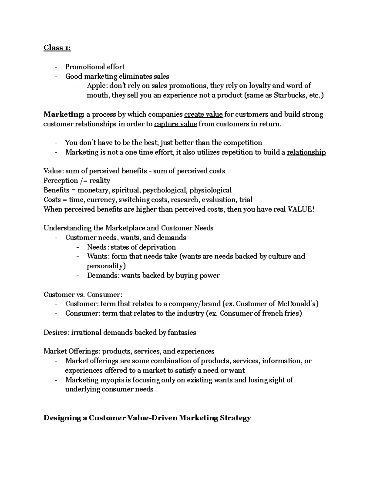 Principles of Marketing Class Notes - Class 1: Promotional effort Good ...