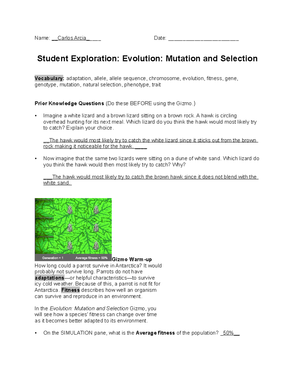 Evolution Mutation Selection-Carlos - Name: Carlos Arcia___ Date ...