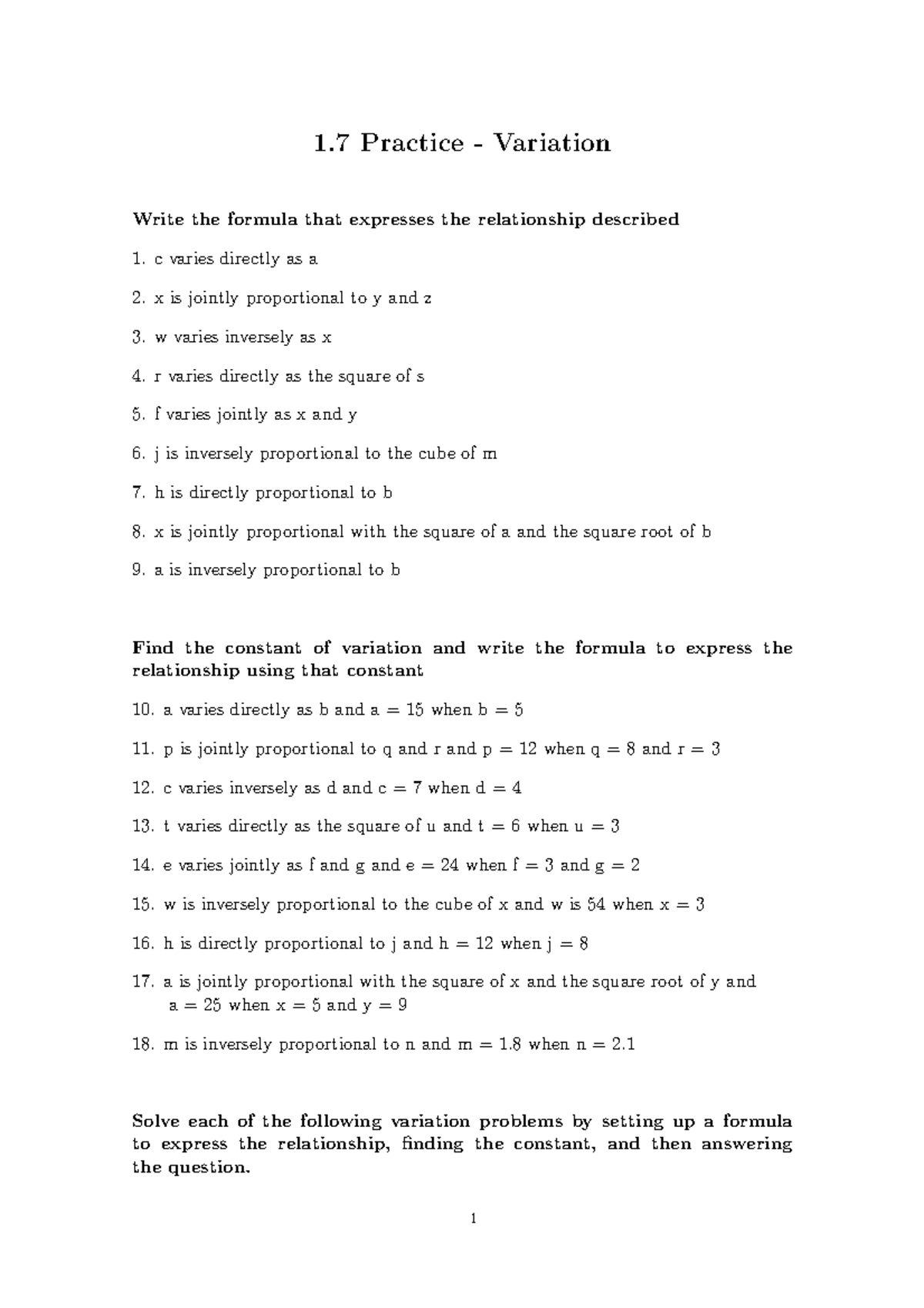 1.7 Variation Practice - 1 Practice - Variation Write the formula that expresses the ...