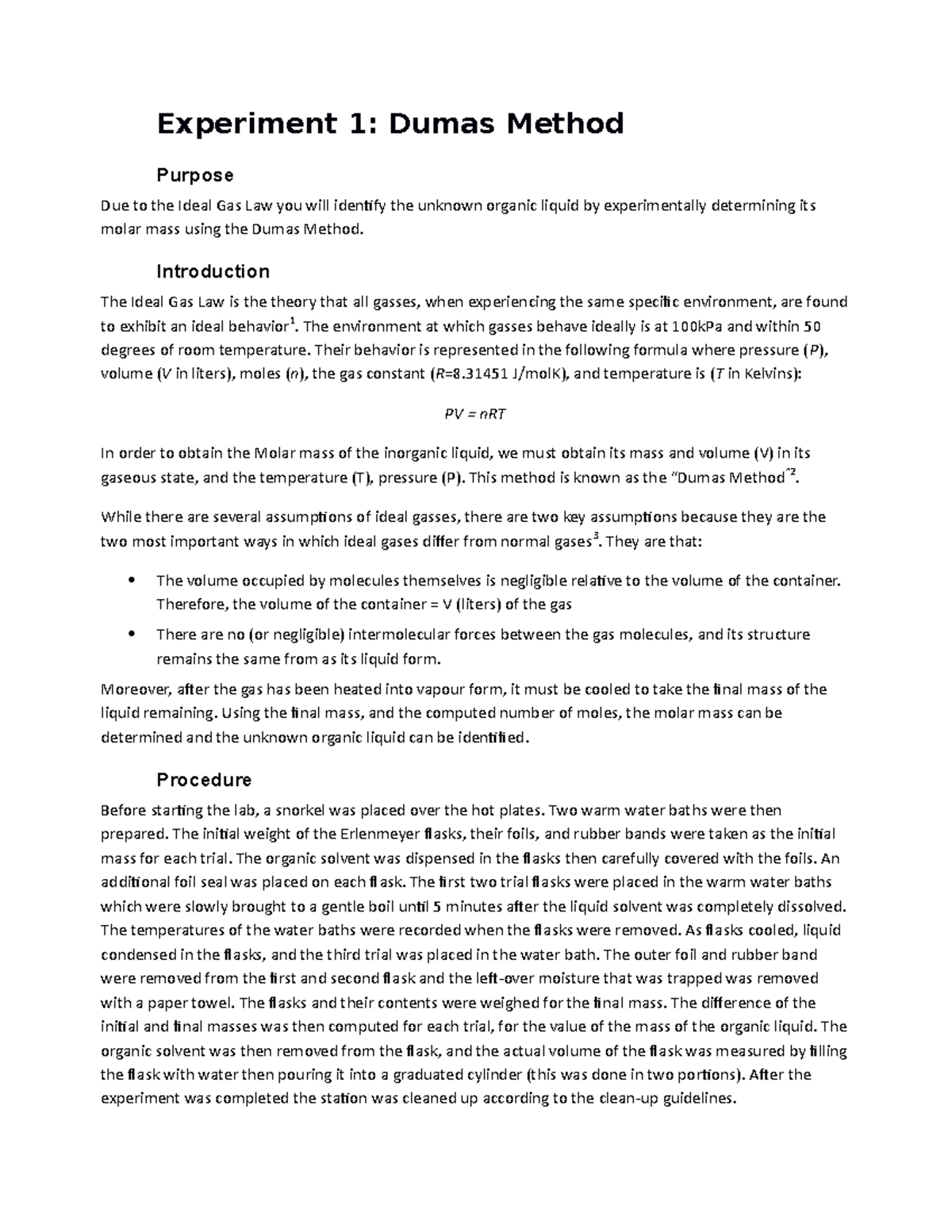 Dumas Method Lab - Experiment 1: Dumas Method Purpose Due to the Ideal ...