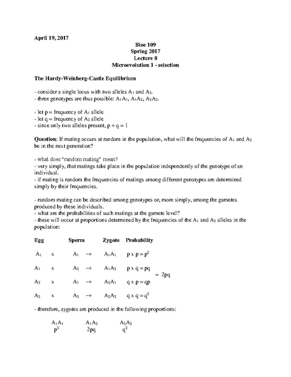 Lecture 8 Notes Microevolution 1 Selection April 19 2017 Bioe 109