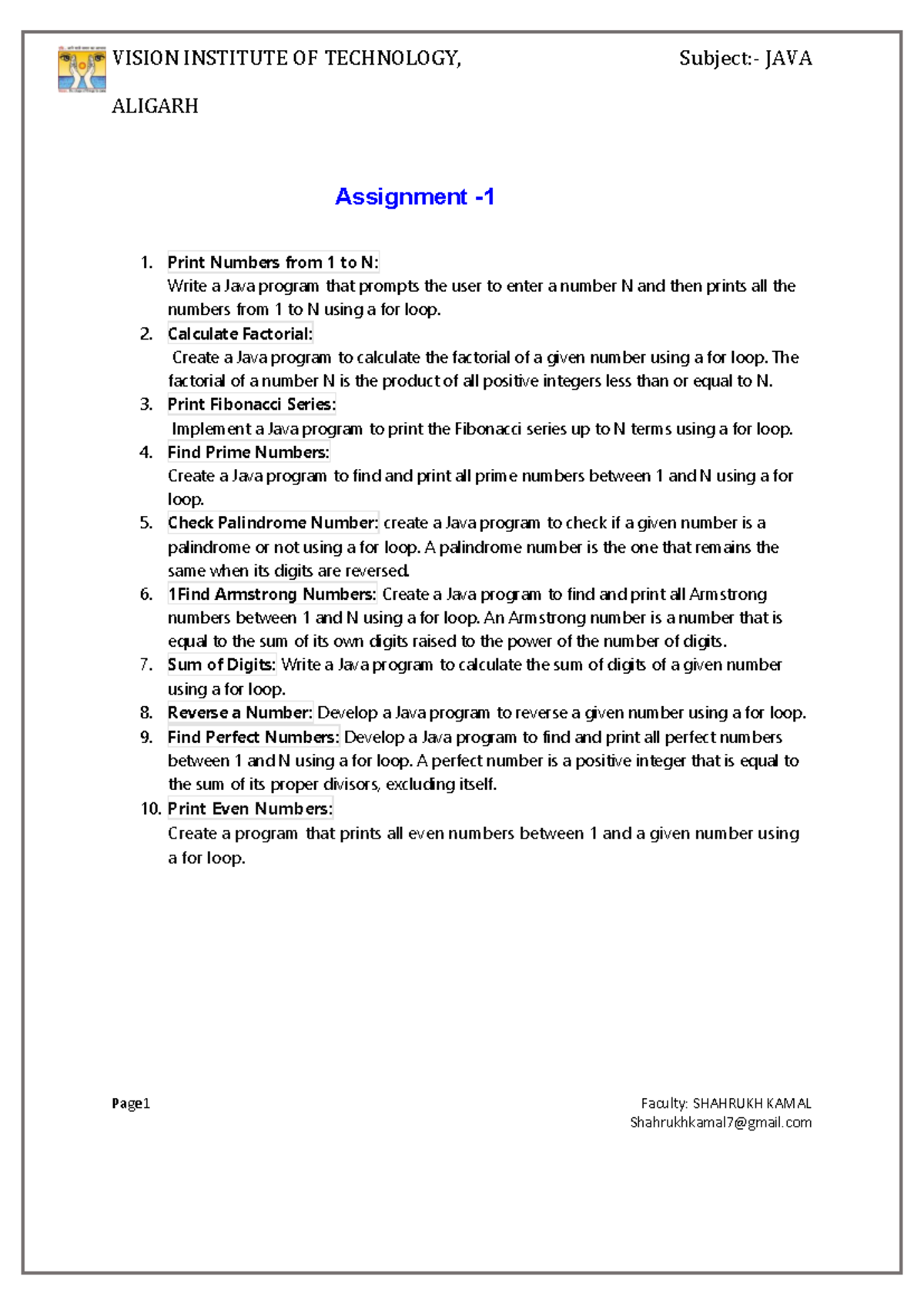 Assignment -1 of JAVA - VISION INSTITUTE OF TECHNOLOGY, Subject:- JAVA ALIGARH Assignment - 1 ...