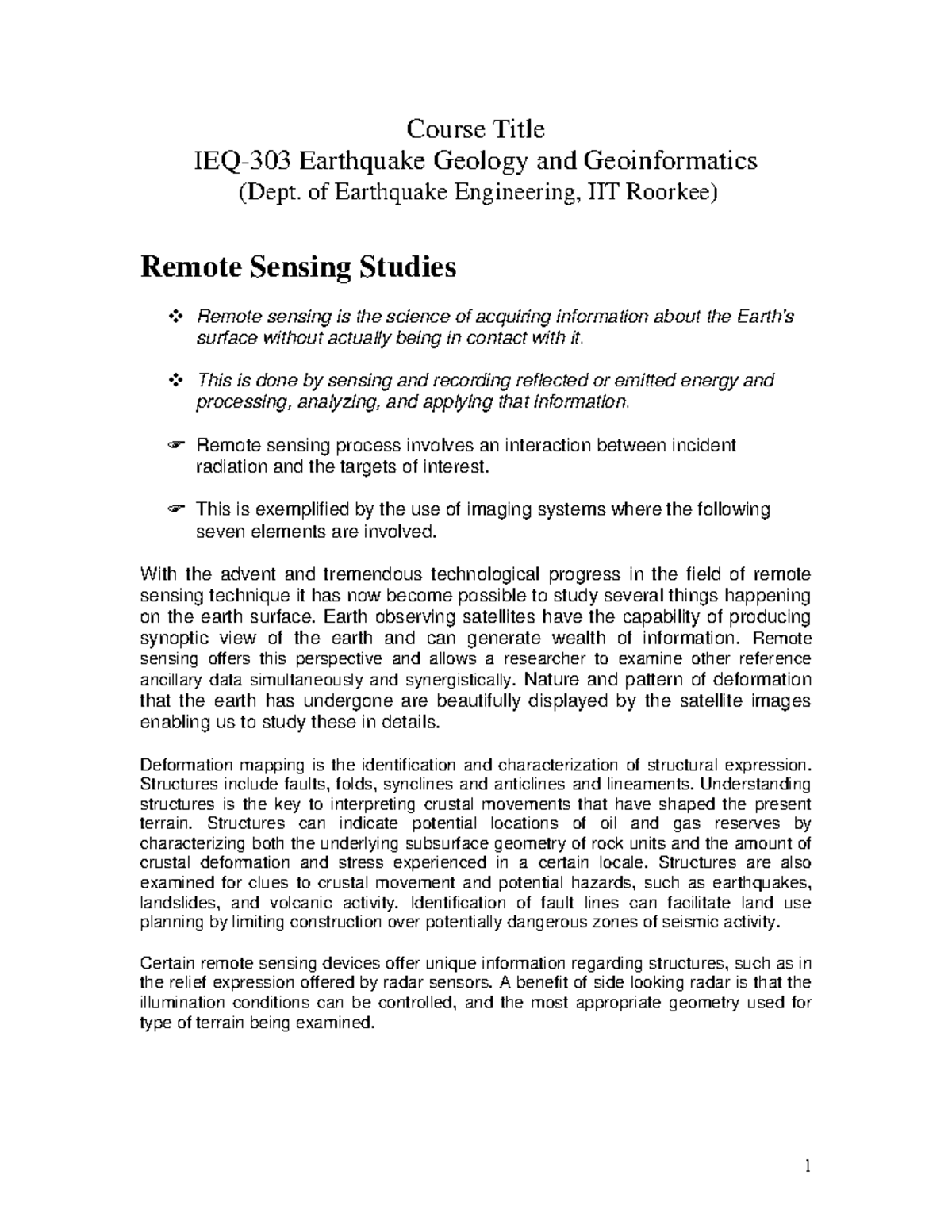 Remote Sensing Studies Notes Short - Course Title IEQ-303 Earthquake ...