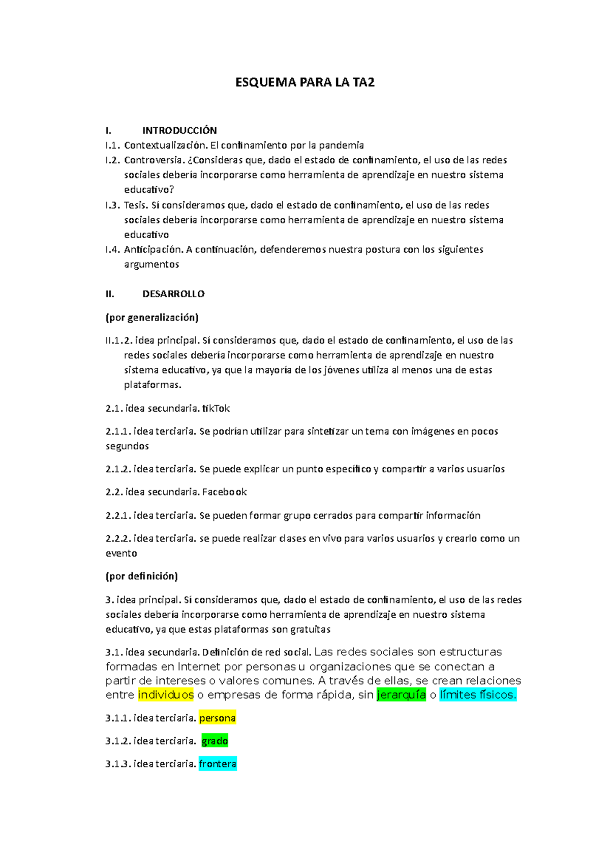 Esquema PARA LA TA2 resuelto a favor - ESQUEMA PARA LA TA I. INTRODUCCIÓN I. Contextualización ...