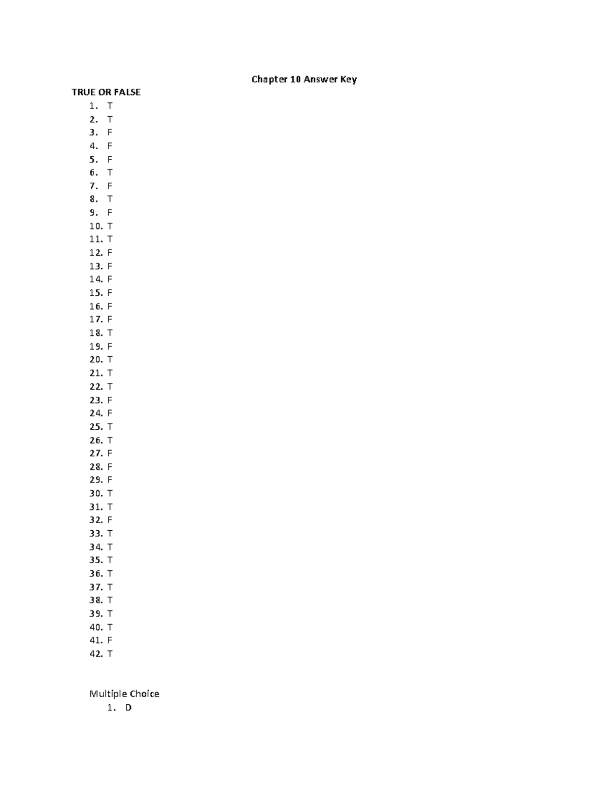 Chapter 10 and 12 Answer Key - Chapter 10 Answer Key TRUE OR FALSE T T F F F T F T F T T F F F F ...