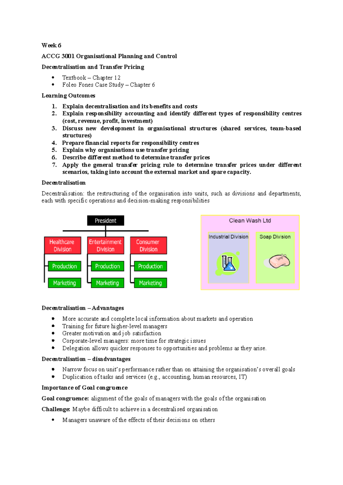 Week 6 - Organisational Structure and transfer Pricing - Week 6 ACCG 3001 Organisational ...