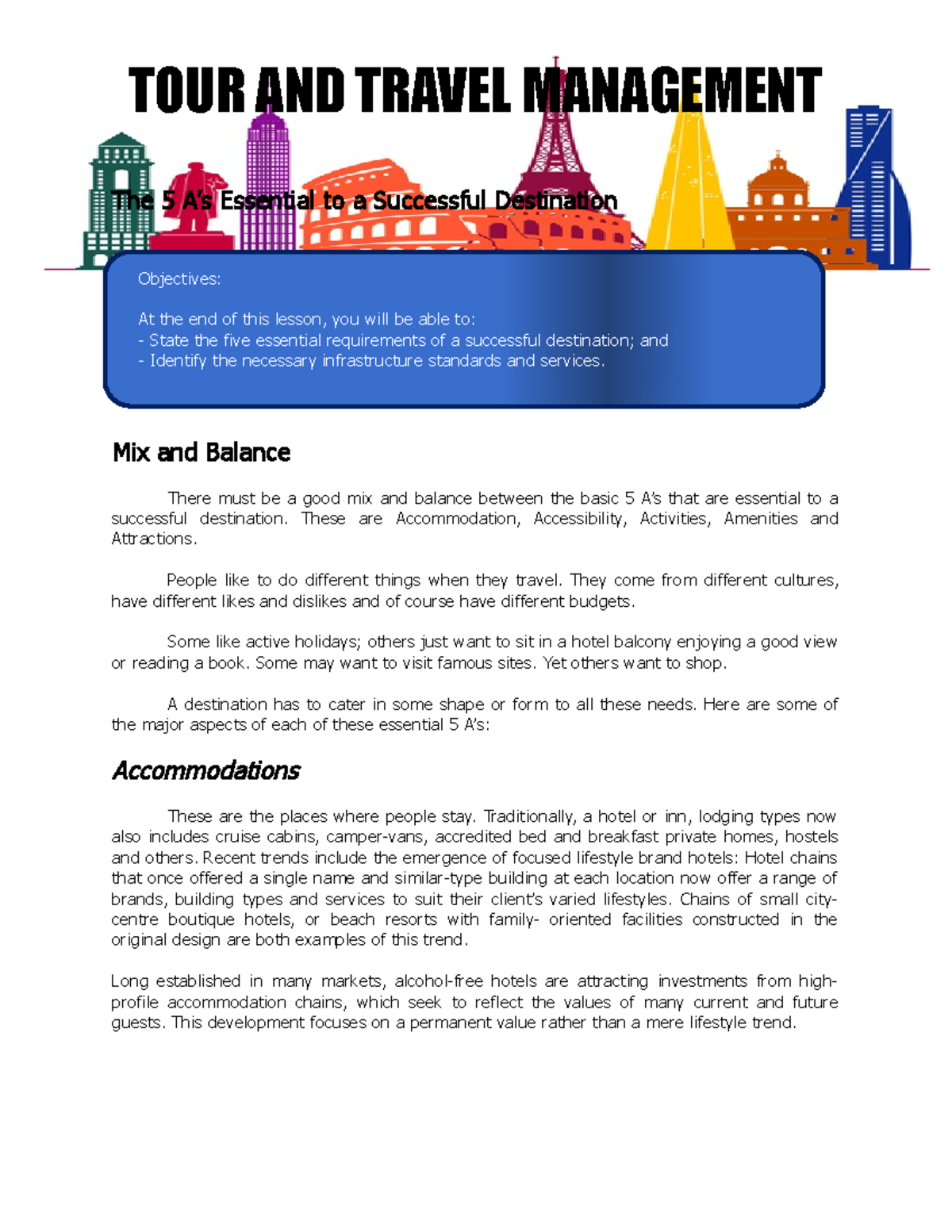 Lecture #5 - stesyftuyi - ThTOUR AND TRAVEL MANAGEMENTe 5 A’s Essential ...