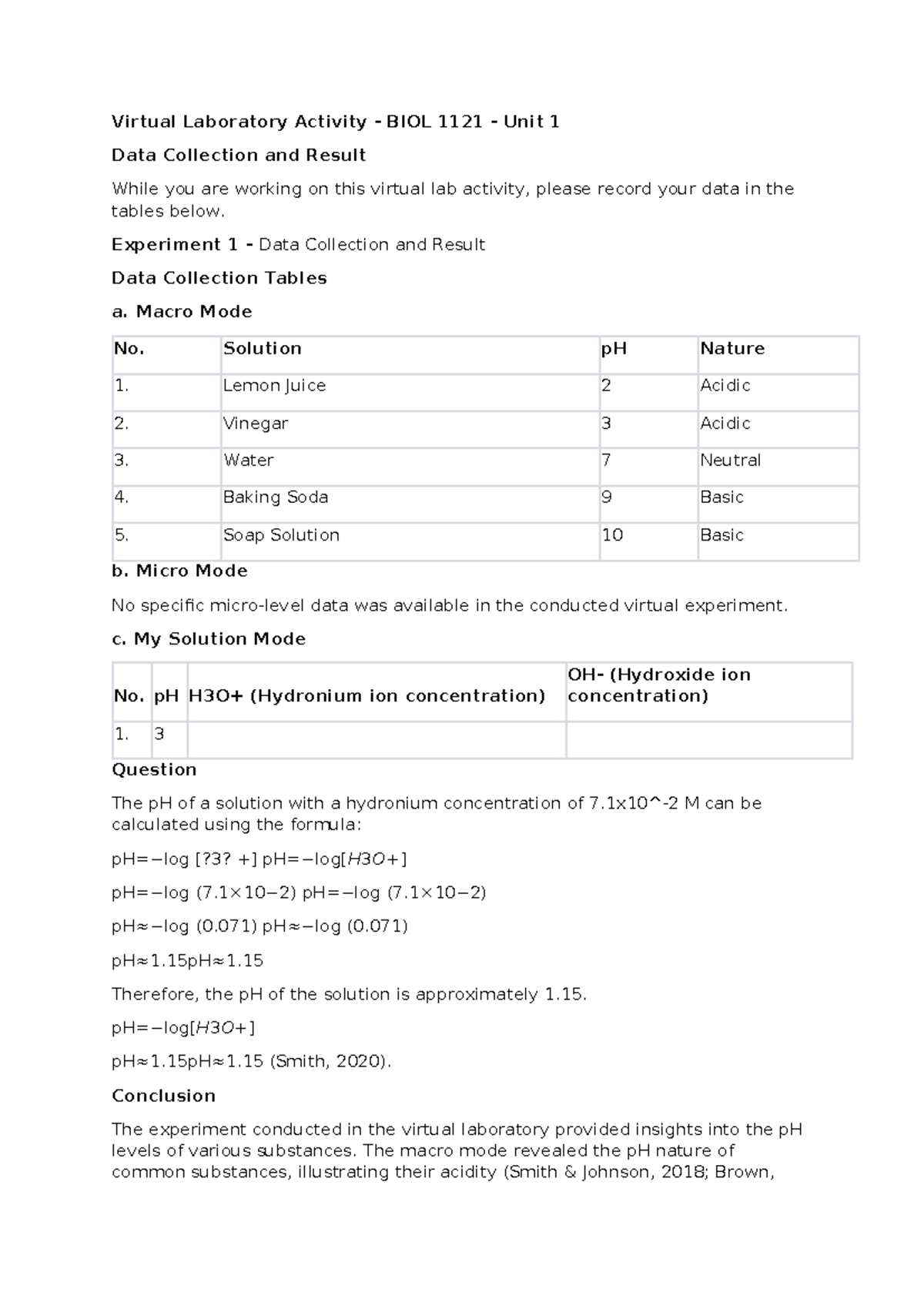 Virtual Laboratory Activity - Experiment 1 - Data Collection and Result Data Collection Tables a ...