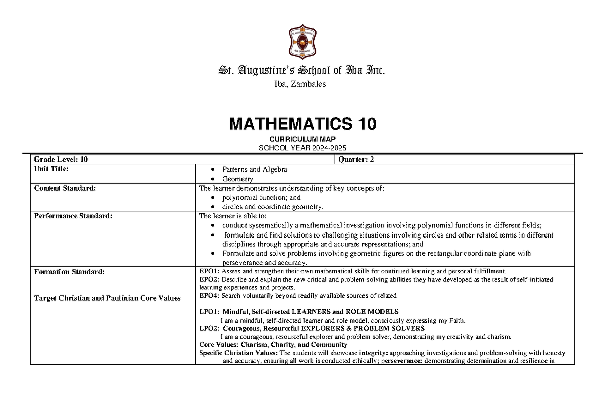 Curriculum Map 2nd Quarter - Math 10 - Iba, Zambales MATHEMATICS 10 ...