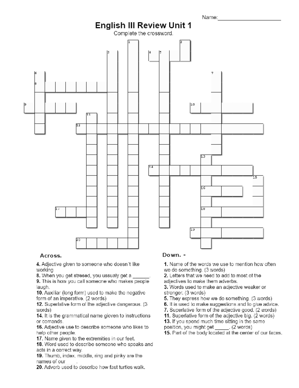 Review Unit 1 English III - Name: English Review Unit 1 Complete the ...