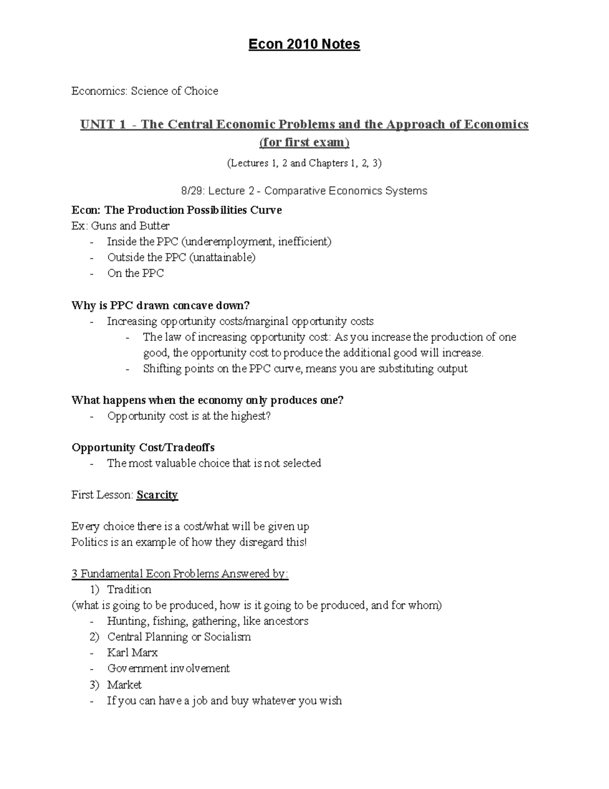 Econ 2020 - Lecture and Chapter Notes - Econ 2010 Notes Economics ...
