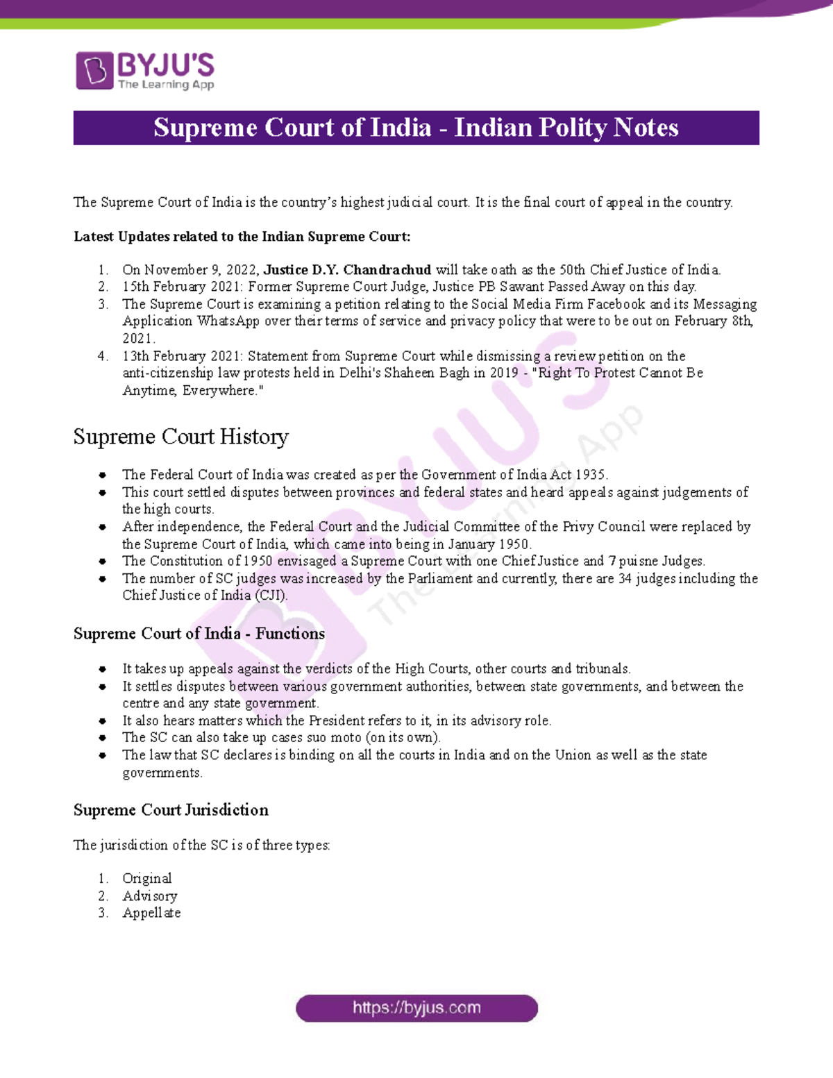 Supreme Court of India Indian Polity Notes - Supreme Court of India ...