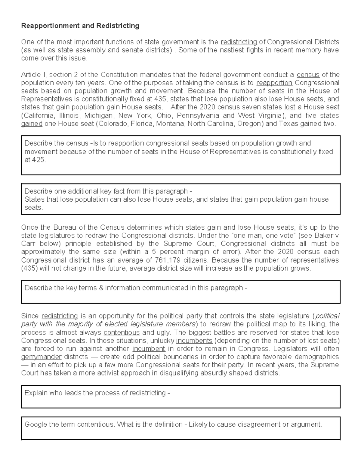 Reapportionment and Redistricting Reading & Questions (w Baker v Carr ...