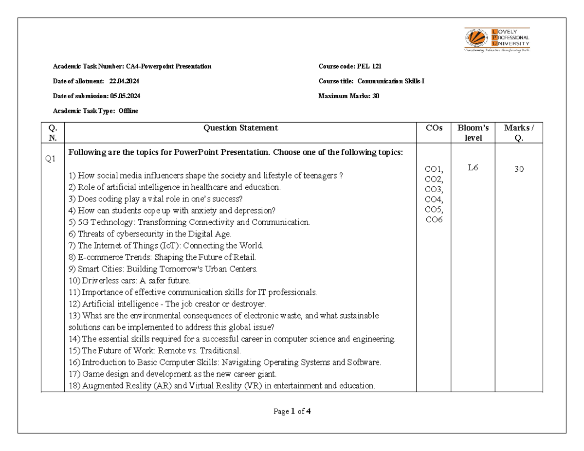 CA4 Paper PEL121 - ca4 - Academic Task Number: CA4-Powerpoint ...