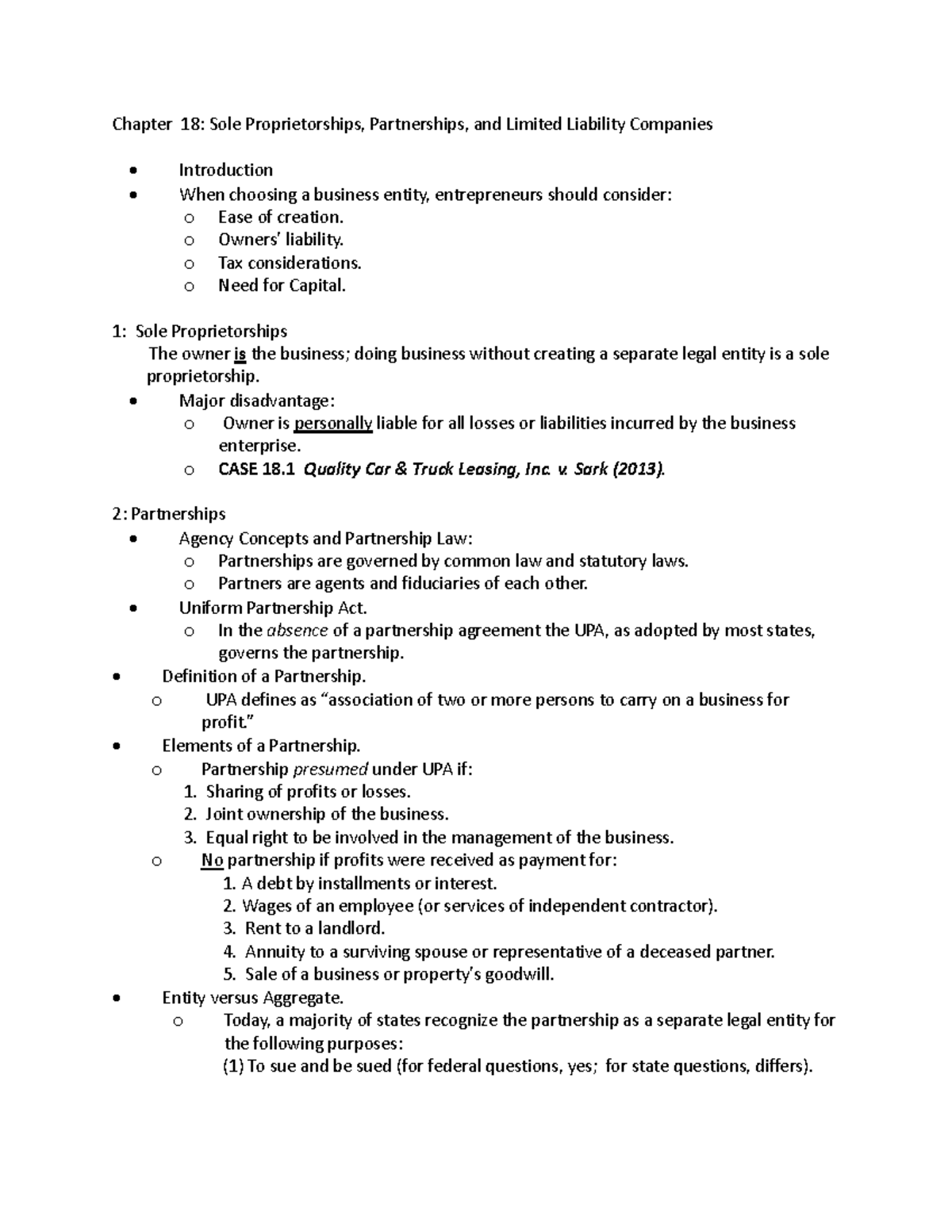 Chapter 18: Sole Proprietorships, Partnerships, and Limited Liability ...