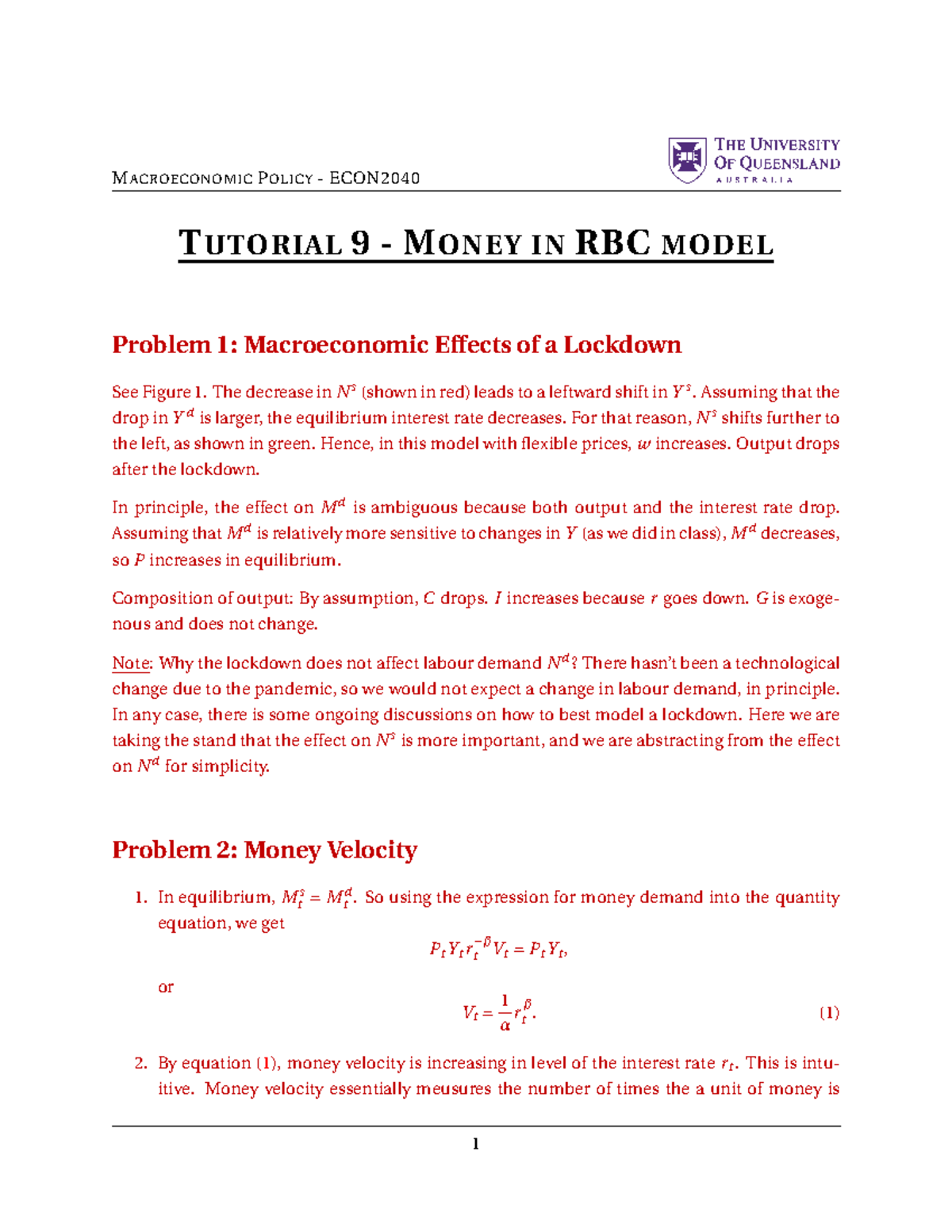 Tutorial 9, Week 10 Solutions - MACROECONOMIC POLICY - ECON TUTORIAL 9 - MONEY IN RBC MODEL ...