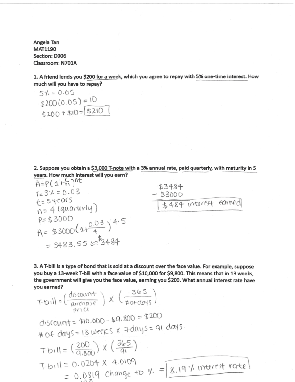 Simple Interest, Angela TAN - Angela Tan MAT1190 Section: D006 ...