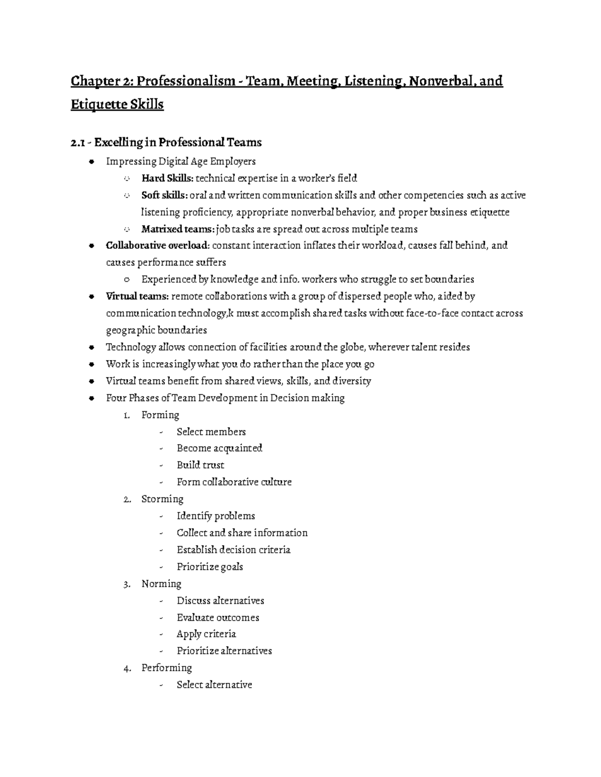 BUAD 201: Chapter 2 - Professionalism Team, Meeting, Listening ...