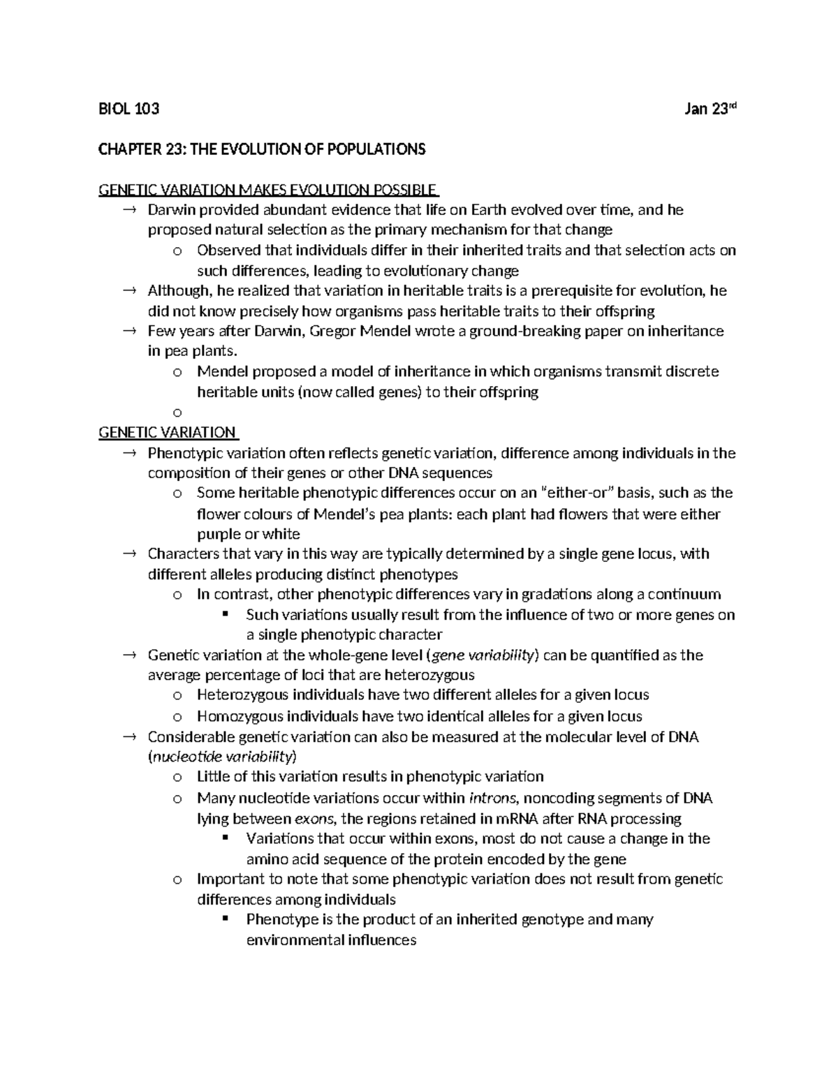 BIOL 103 - notes - BIOL 103 Jan 23rd CHAPTER 23: THE EVOLUTION OF ...