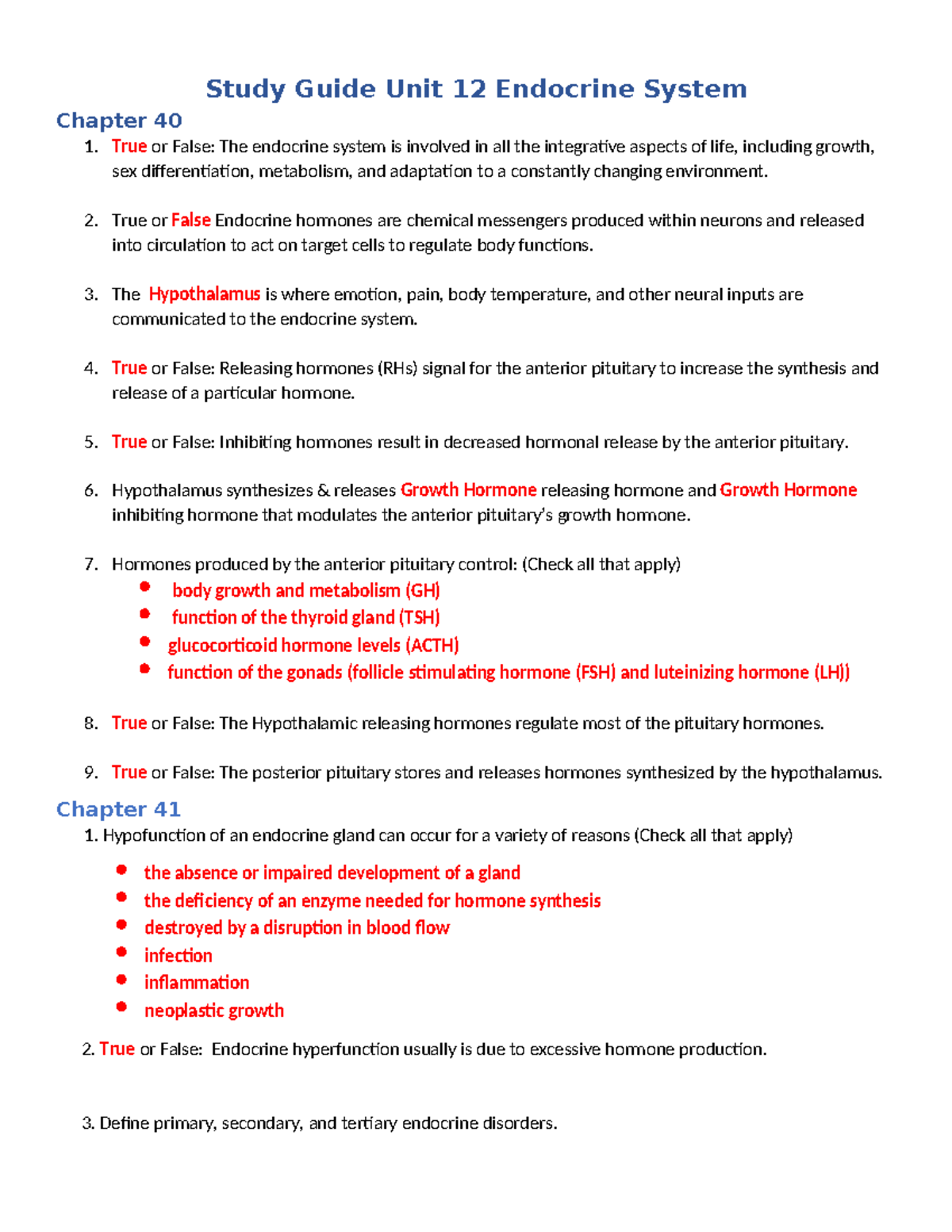 Unit 12 Endocrine Study Guide Wissmar - Study Guide Unit 12 Endocrine ...
