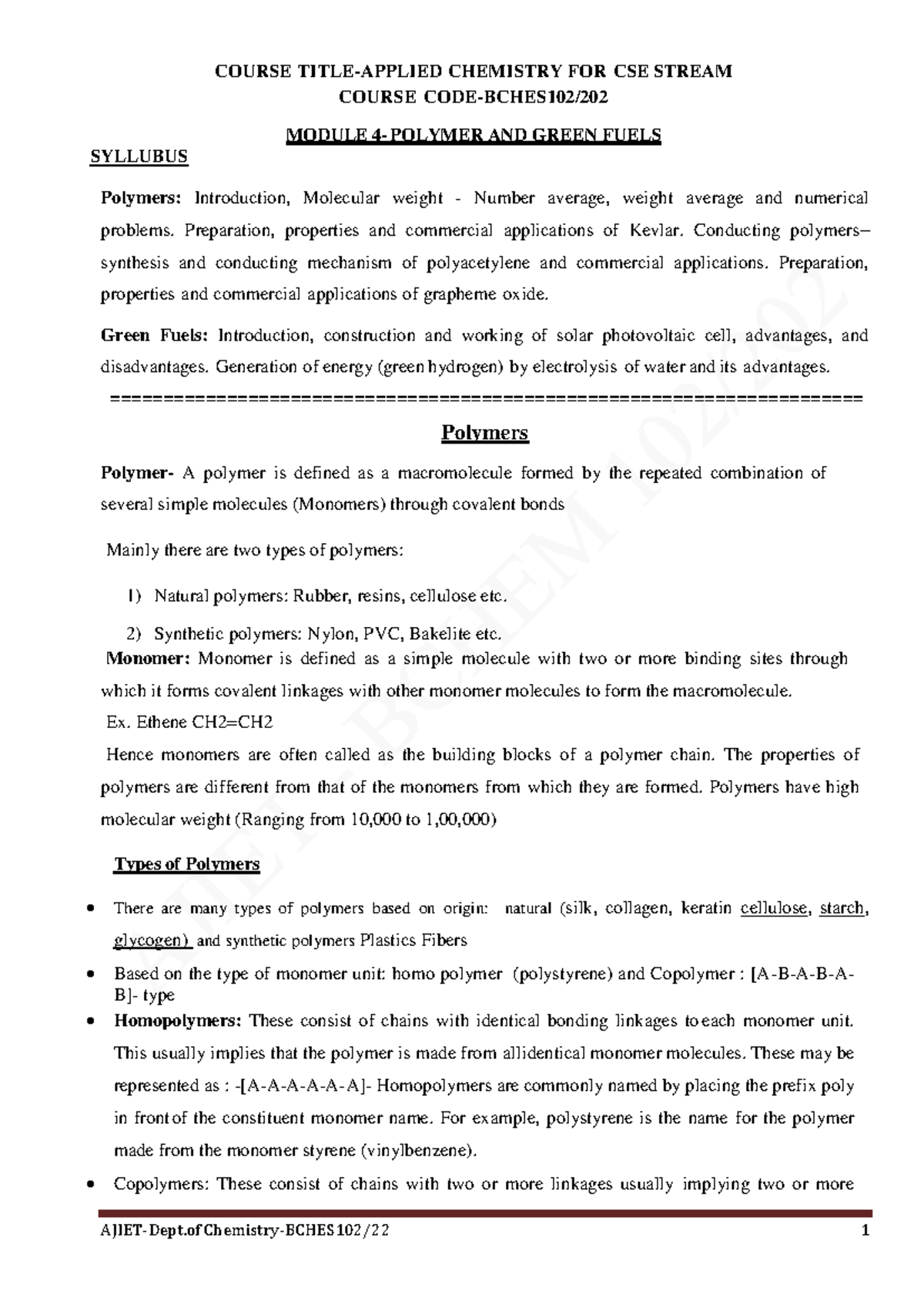 Module 4 Polymer - COURSE TITLE-APPLIED CHEMISTRY FOR CSE STREAM COURSE ...
