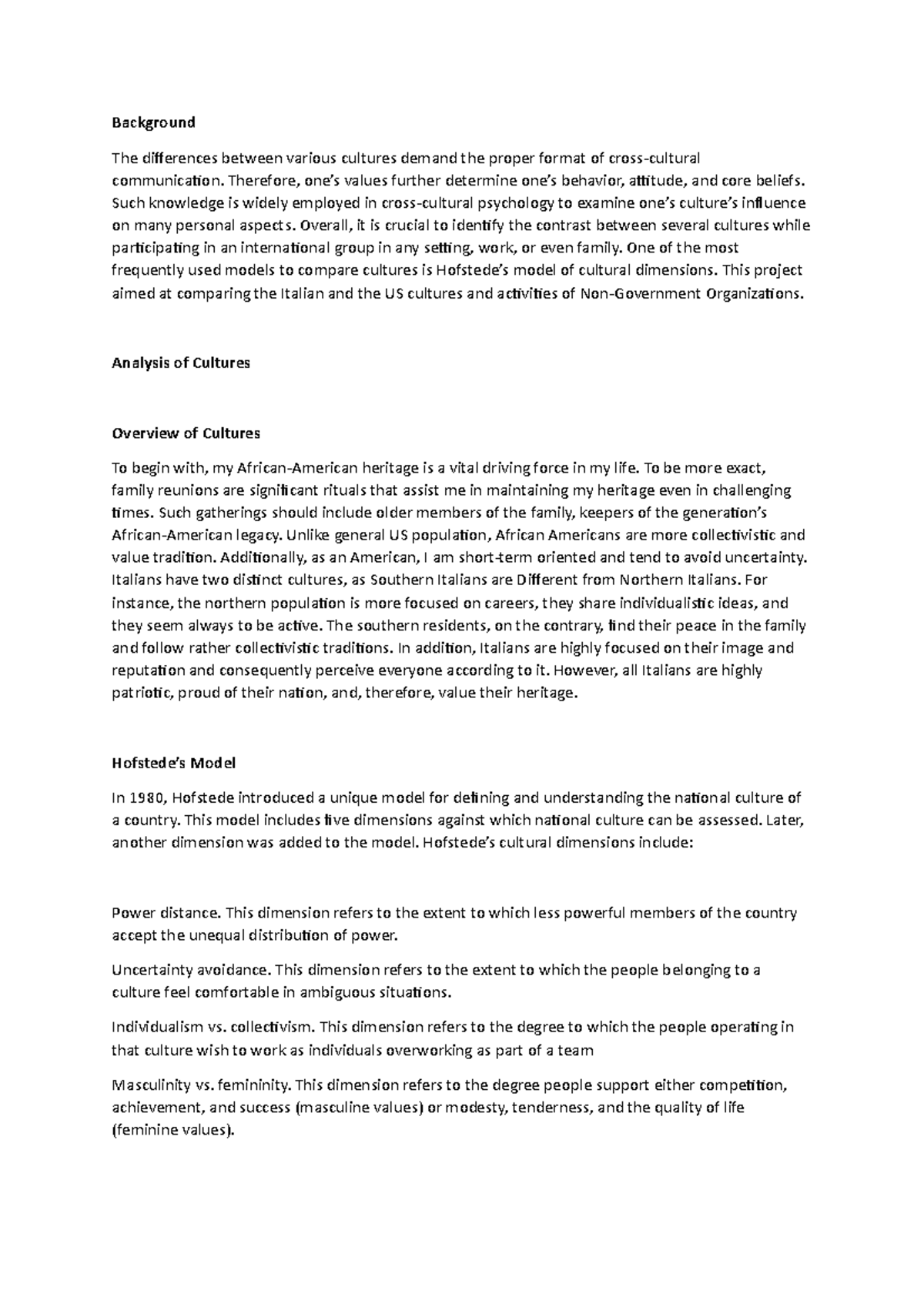 Comparison of US and Italian cultures - Background The differences ...