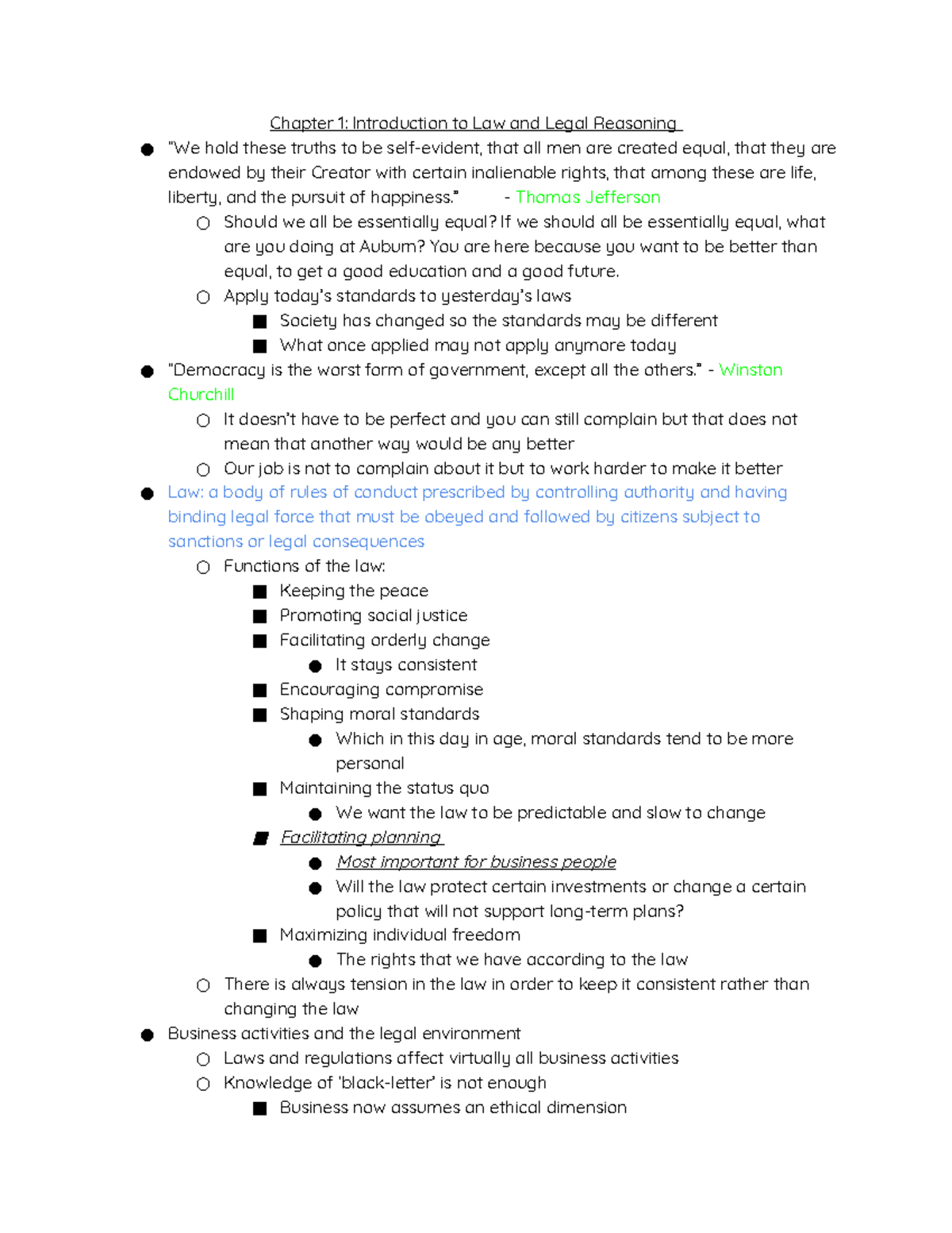 Exam 1 - Robert Cochran Exam 1. -Chapter 1: introduction to law and ...