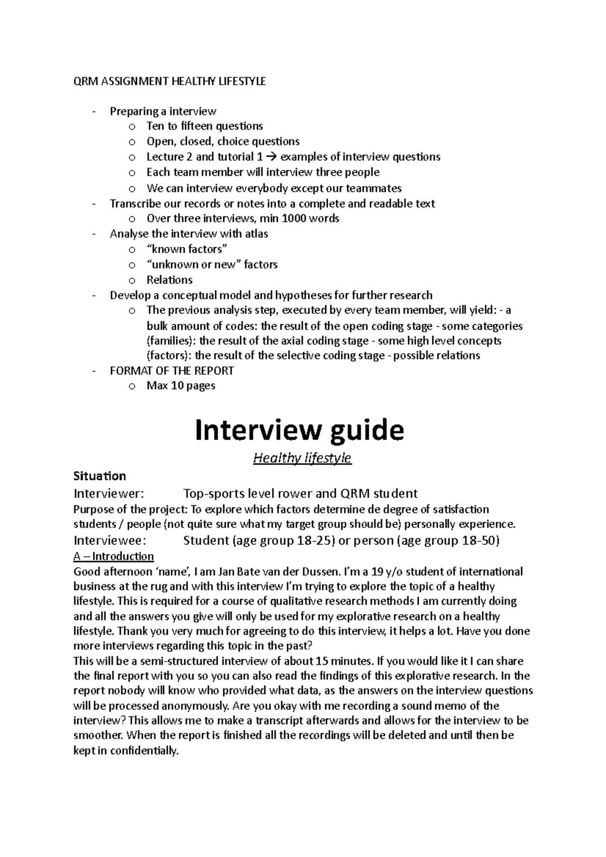 QRM Assignment Healthy Lifestyle - QRM ASSIGNMENT HEALTHY LIFESTYLE - Preparing a interview o ...