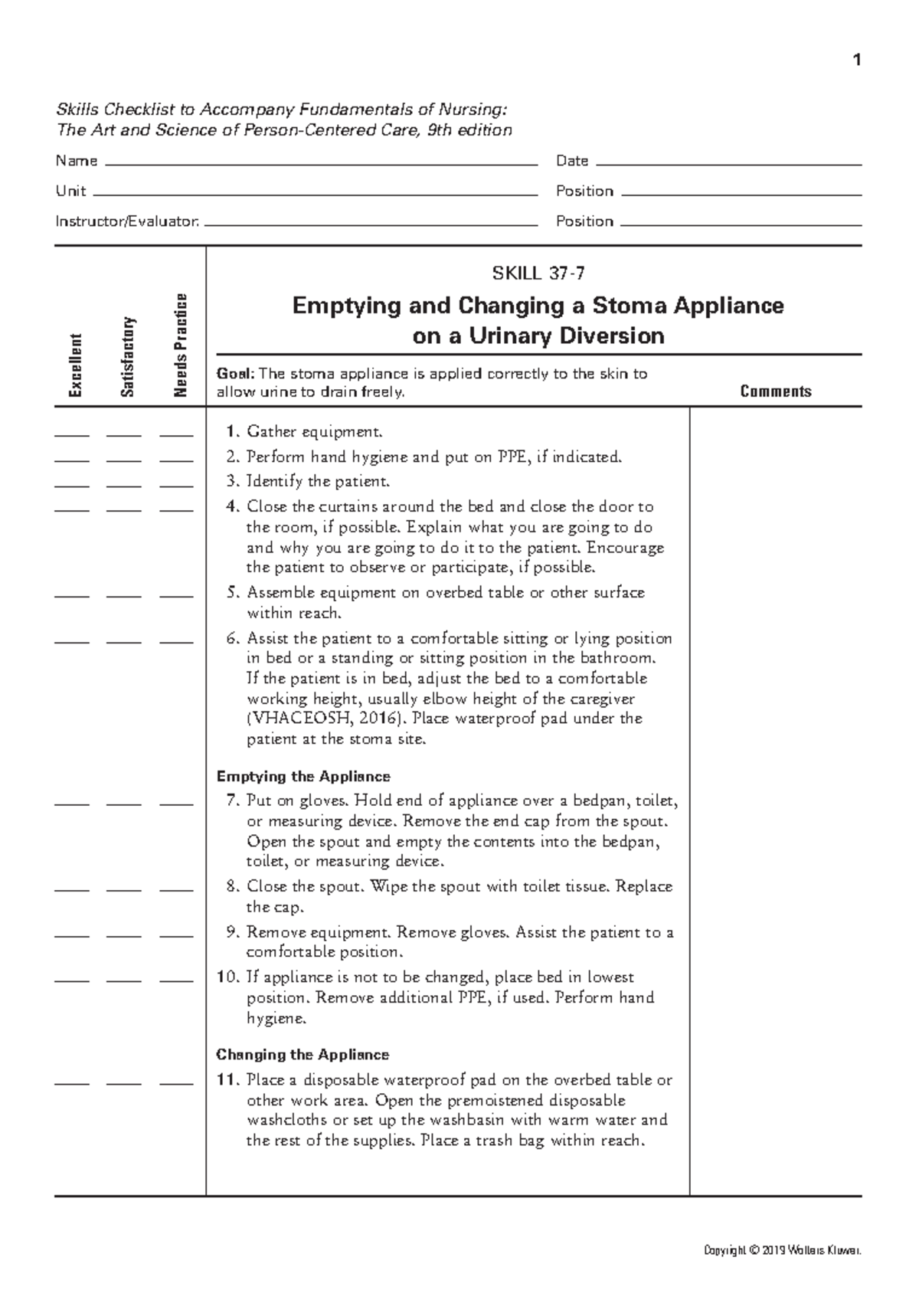 Emptying.changing urinary stoma - 1 Skills Checklist to Accompany ...