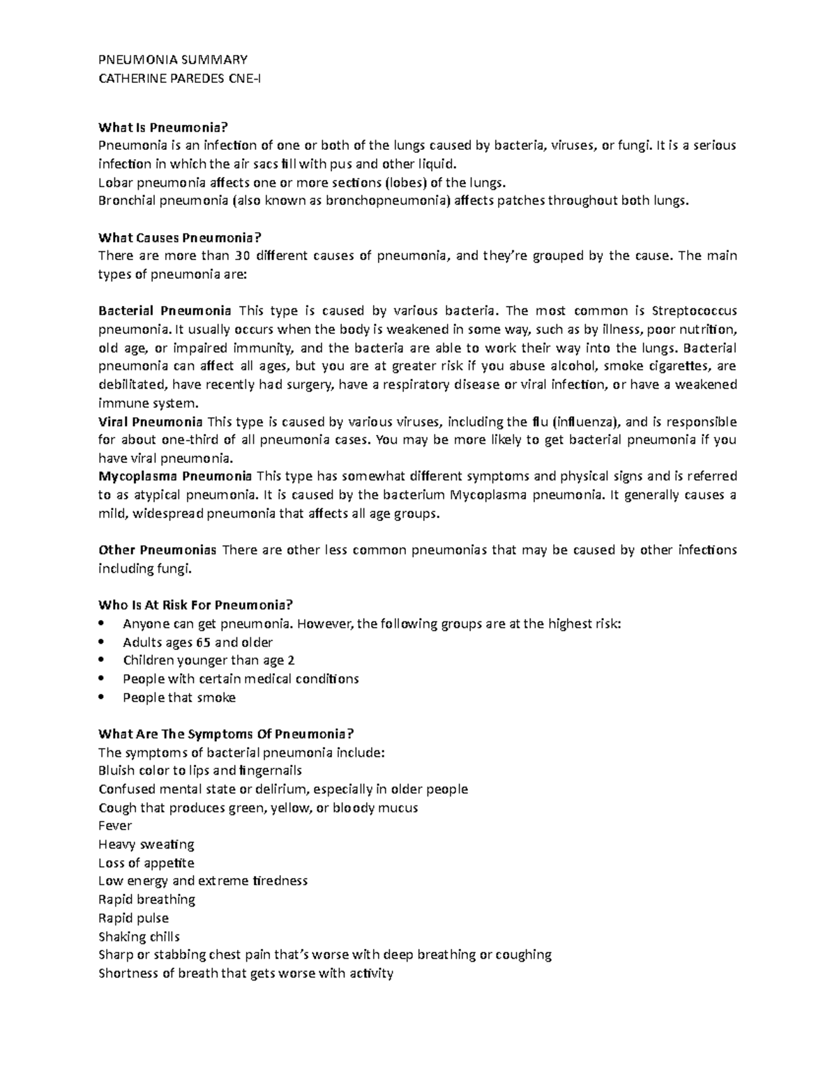 Pneumonia Summary - PNEUMONIA SUMMARY CATHERINE PAREDES CNE-I What Is ...