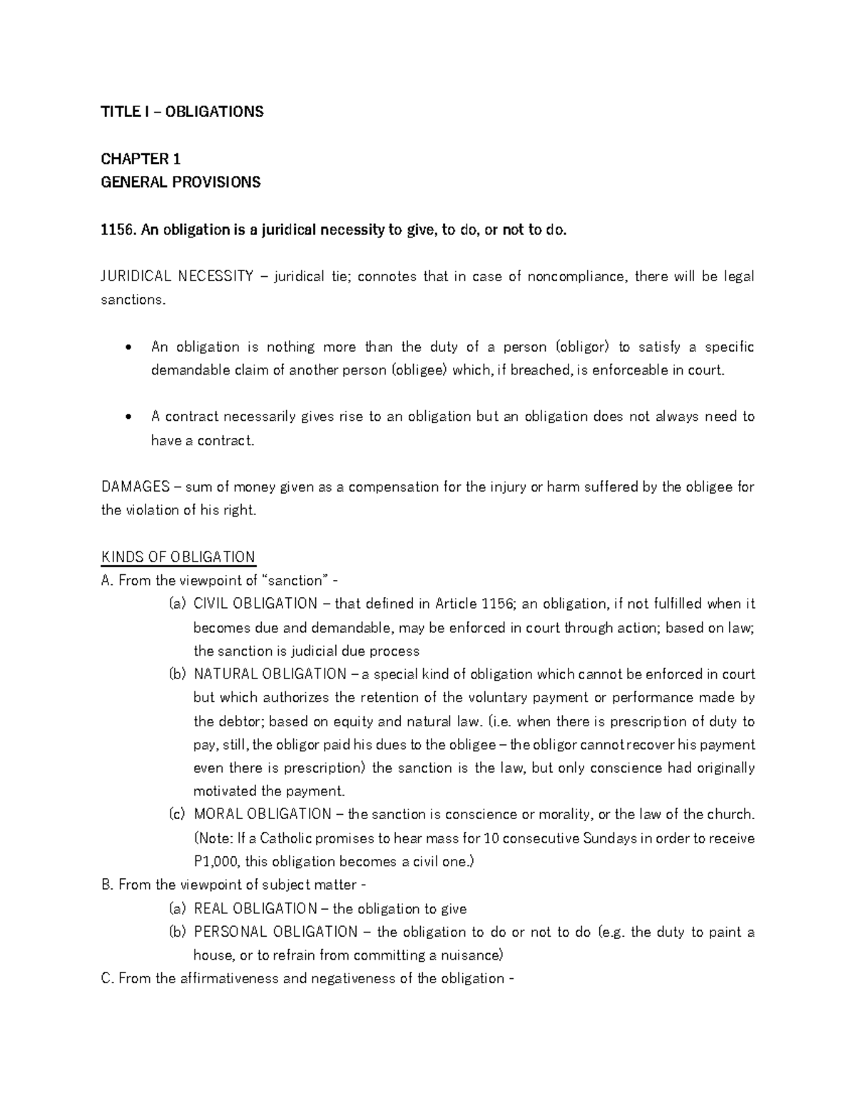 obligation and contracts - TITLE I – OBLIGATIONS CHAPTER 1 GENERAL PROVISIONS An obligation is a ...