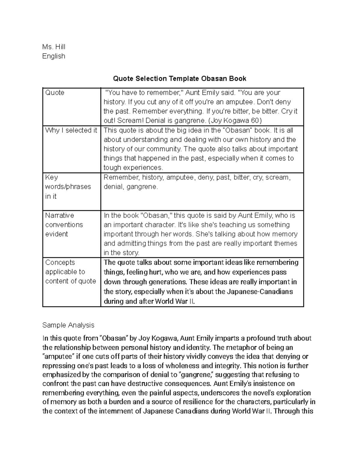 Quote Selection Template Obasan Book - Ms. Hill English Quote Selection ...