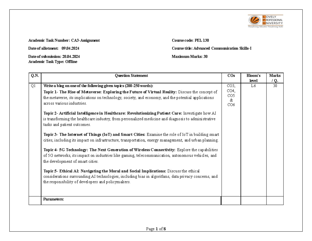 Adarsh pel 130 - This is a assignment which is mandatory CA - Academic Task Number: CA3 ...