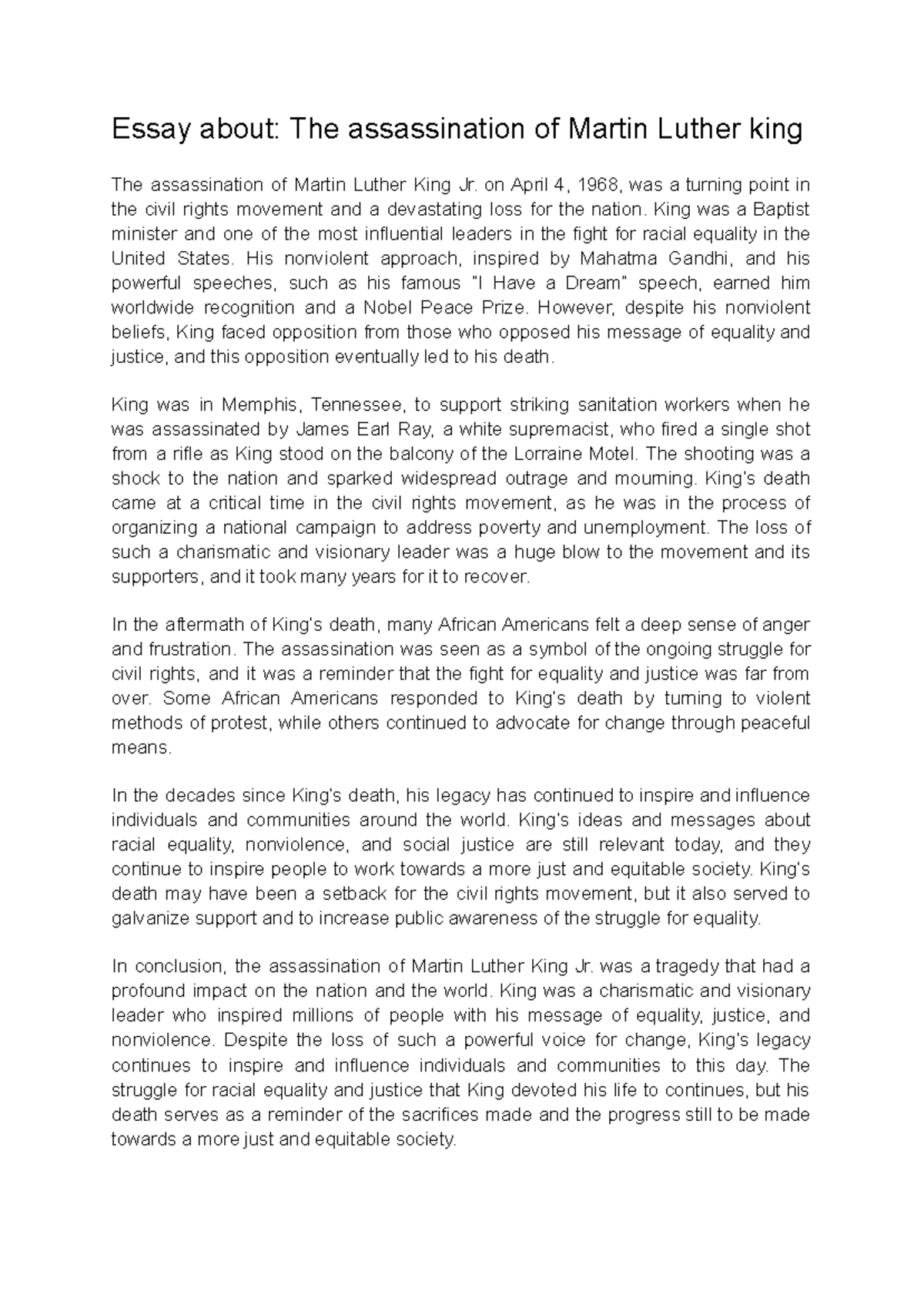 Essay about The assassination of Martin Luther king - on April 4, 1968 ...