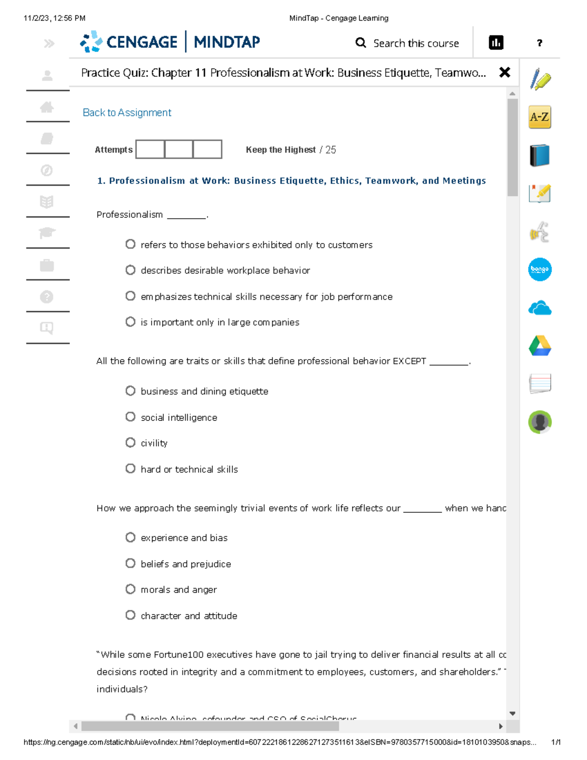 Practice Quiz Chapter 11 Professionalism at Work - 11/2/23, 12:56 PM ...