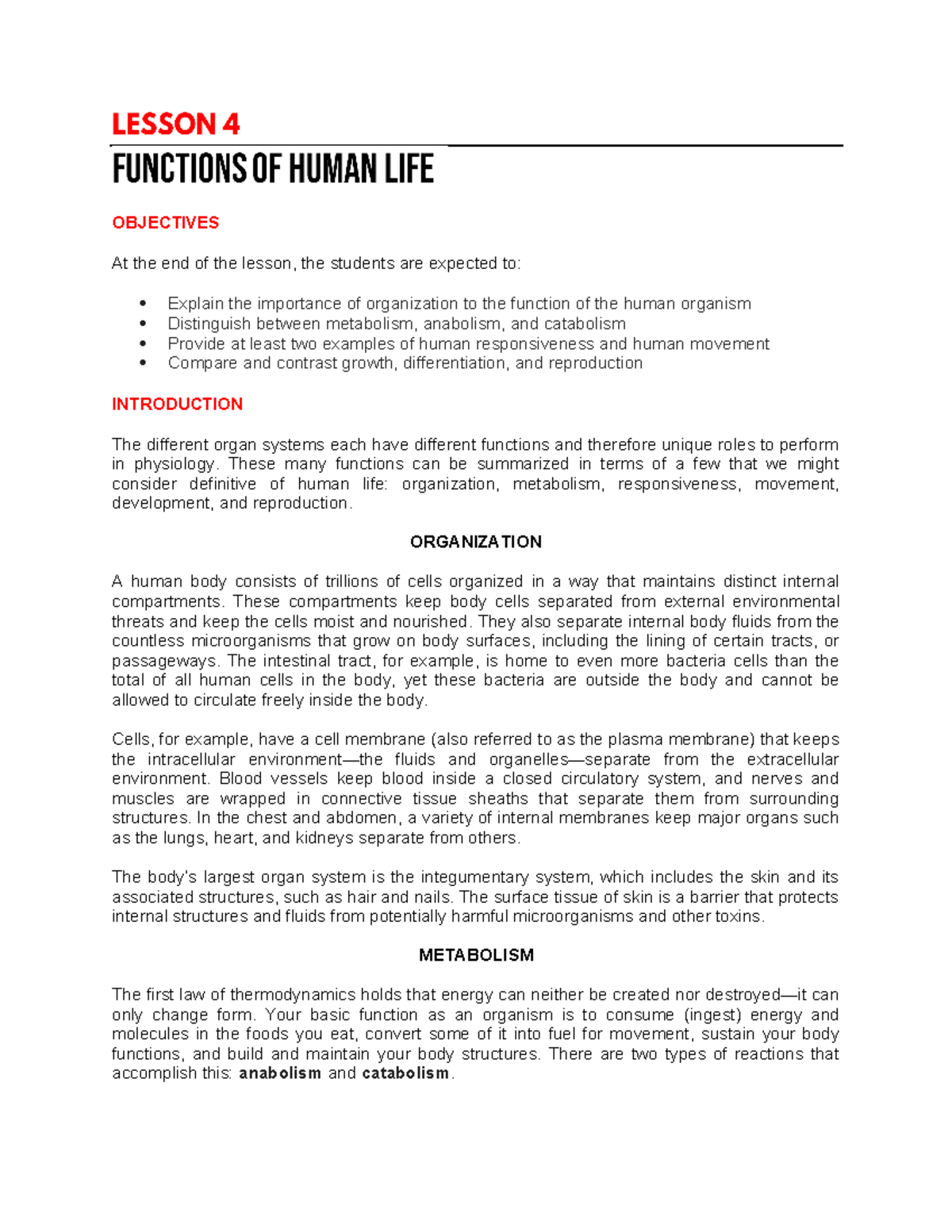 Lesson 4 - Functions of Human Life - OBJECTIVES At the end of the ...