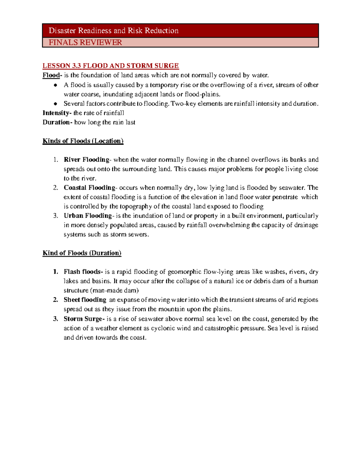 Finals DRRR- Reviewer - for grade 12 - FINALS REVIEWER LESSON 3 FLOOD ...