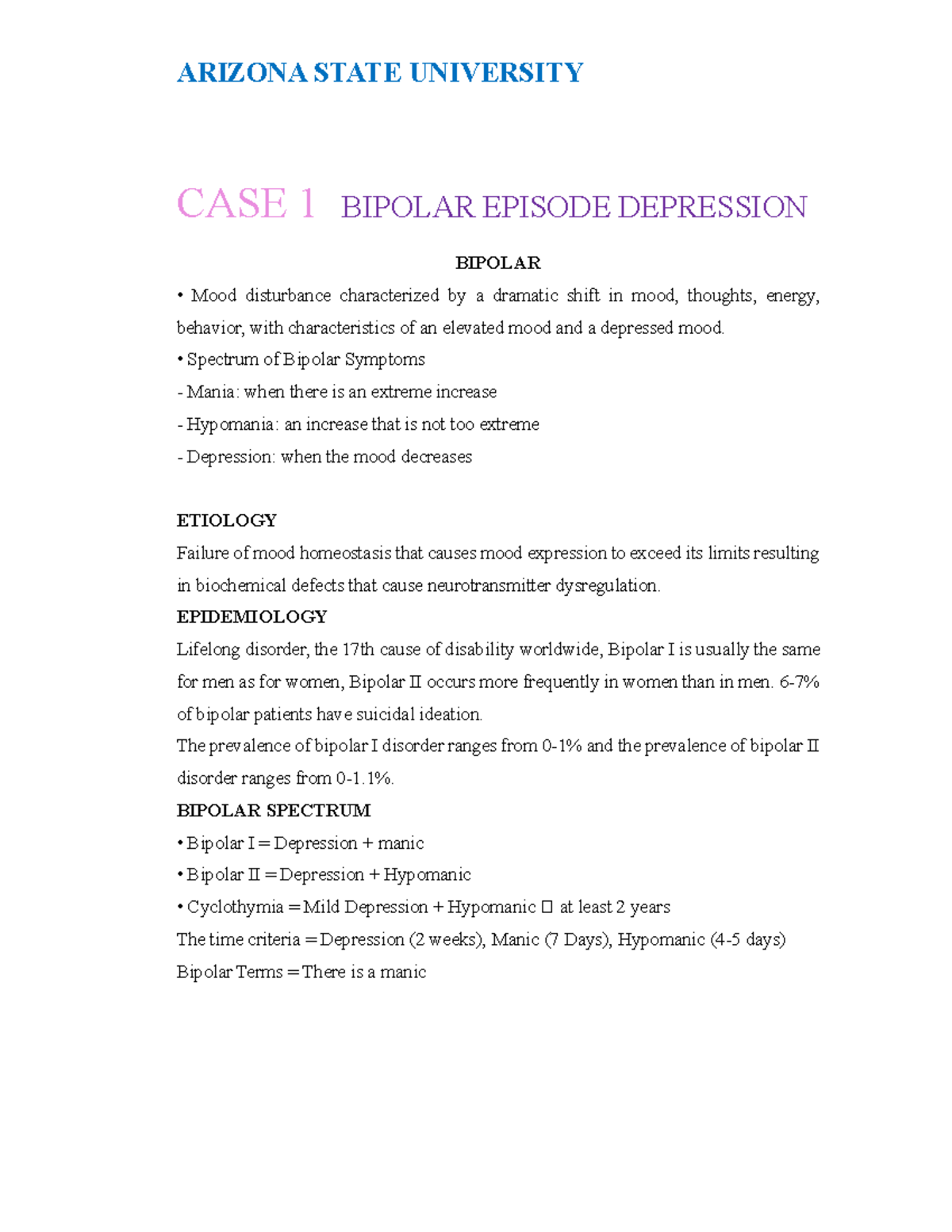 Lecturer Notes Bipolar Episode OF Depression Part 2 - CASE 1 BIPOLAR ...