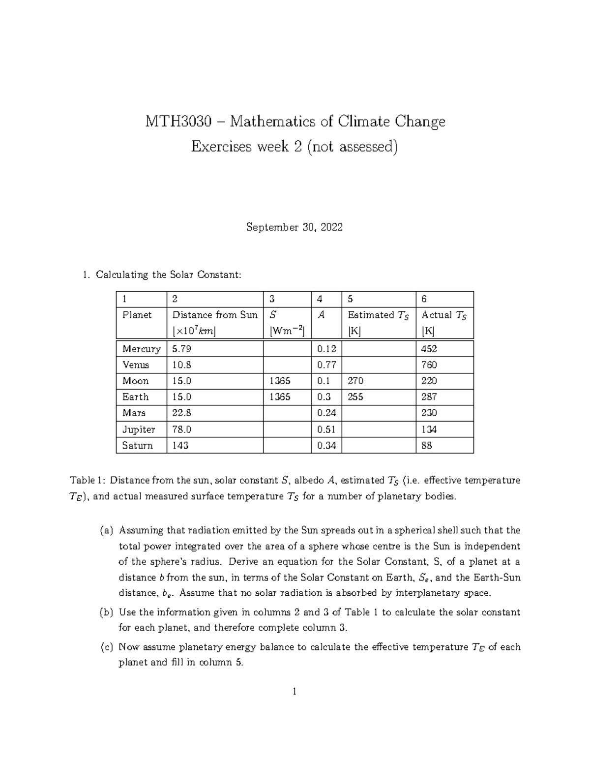 Exercises week2 2022 - MTH3030 – Mathematics of Climate Change ...