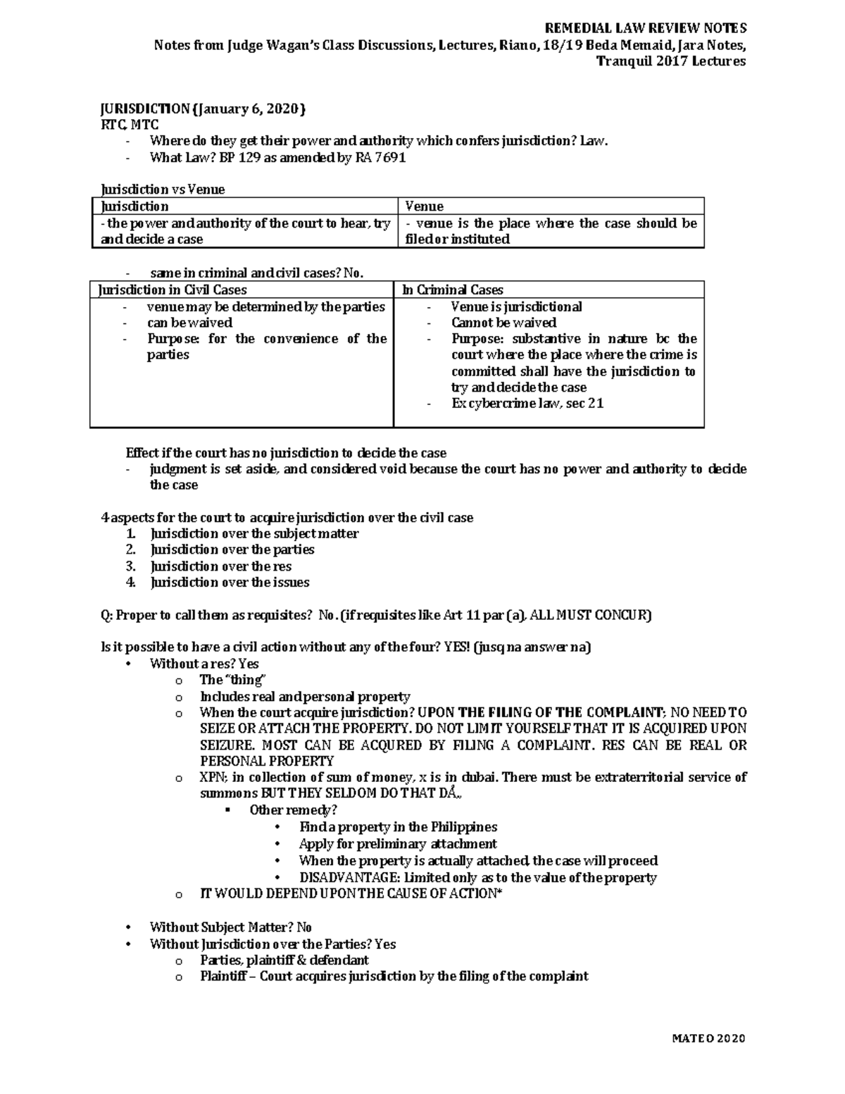 Judge Wagan Lecture Notes Civilpro SCA - REMEDIAL LAW REVIEW NOTES ...