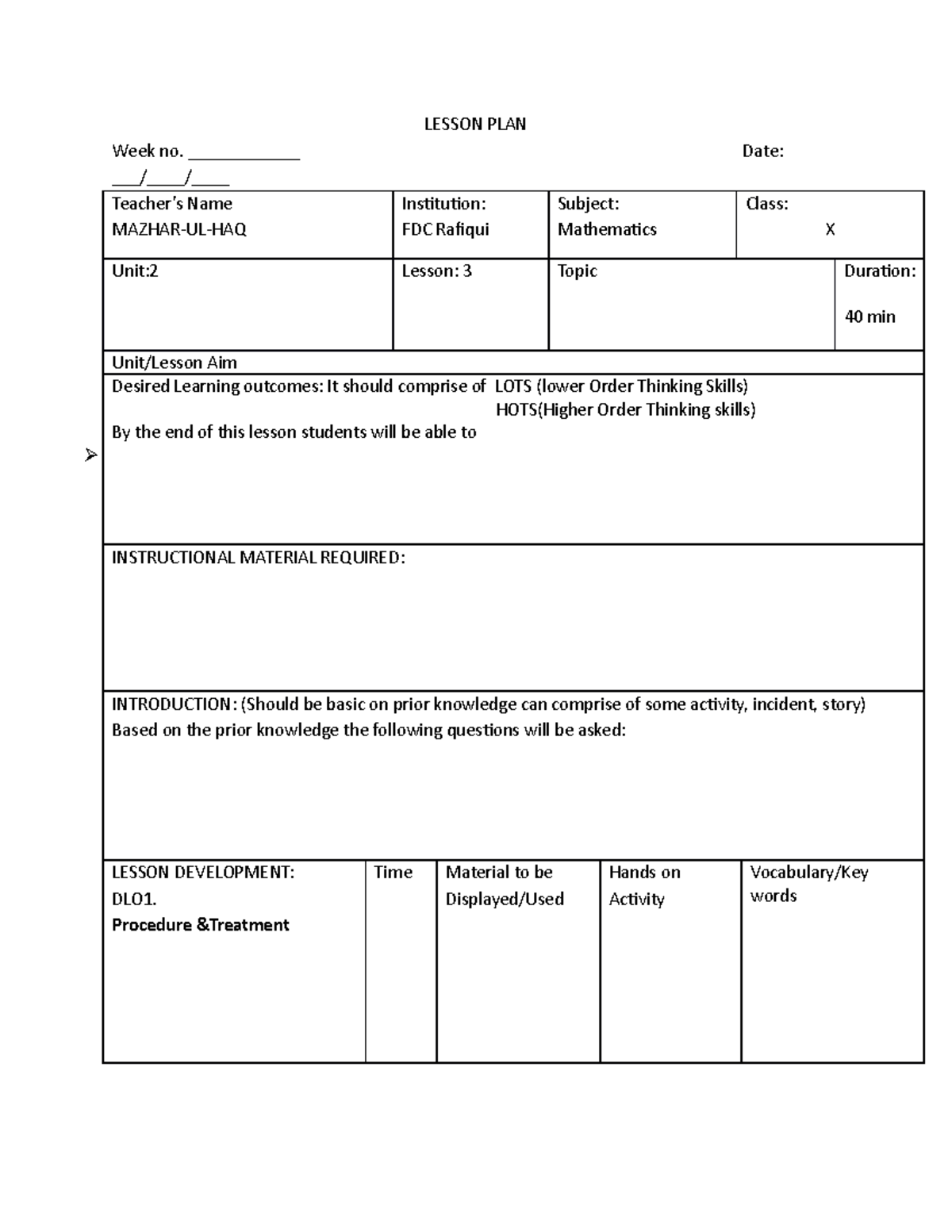 Lesson PLAN Formate - Copy - Foundry Engineering - UET Lahore - Studocu