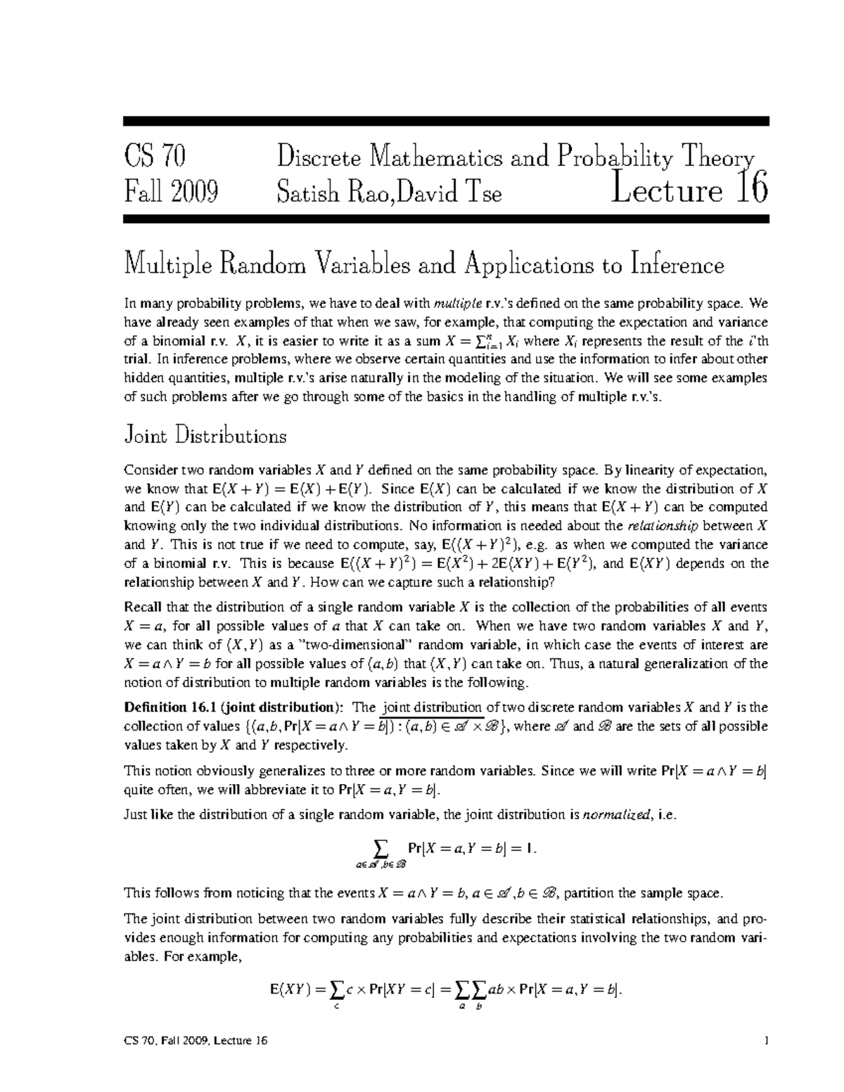 Lecture Notes #19 Fall 2009 - CS 70 Discrete Mathematics and ...