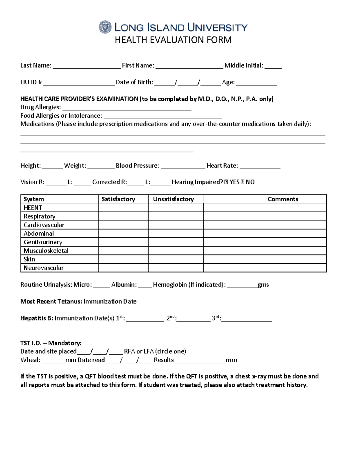 LIU Health Evaluation 2020-21 - HEALTH EVALUATION FORM Last Name ...