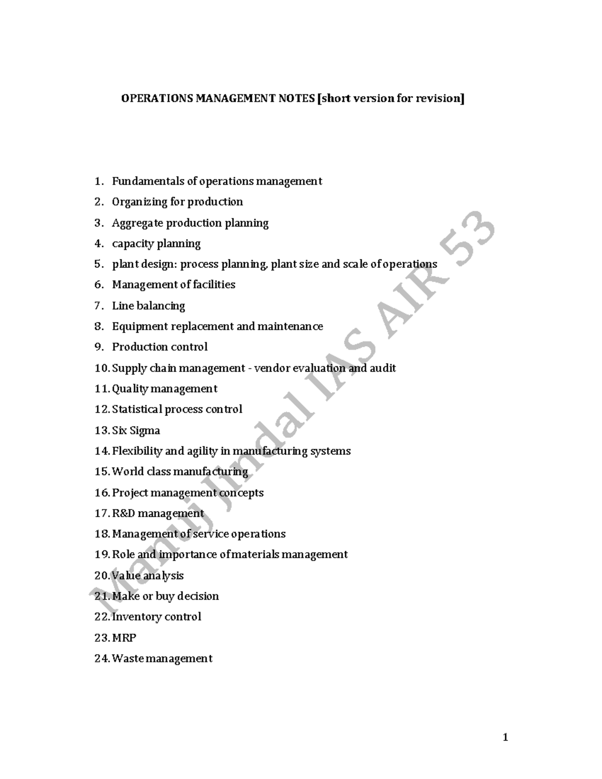 OPM notes revision version - **OPERATIONS MANAGEMENT NOTES [short ...