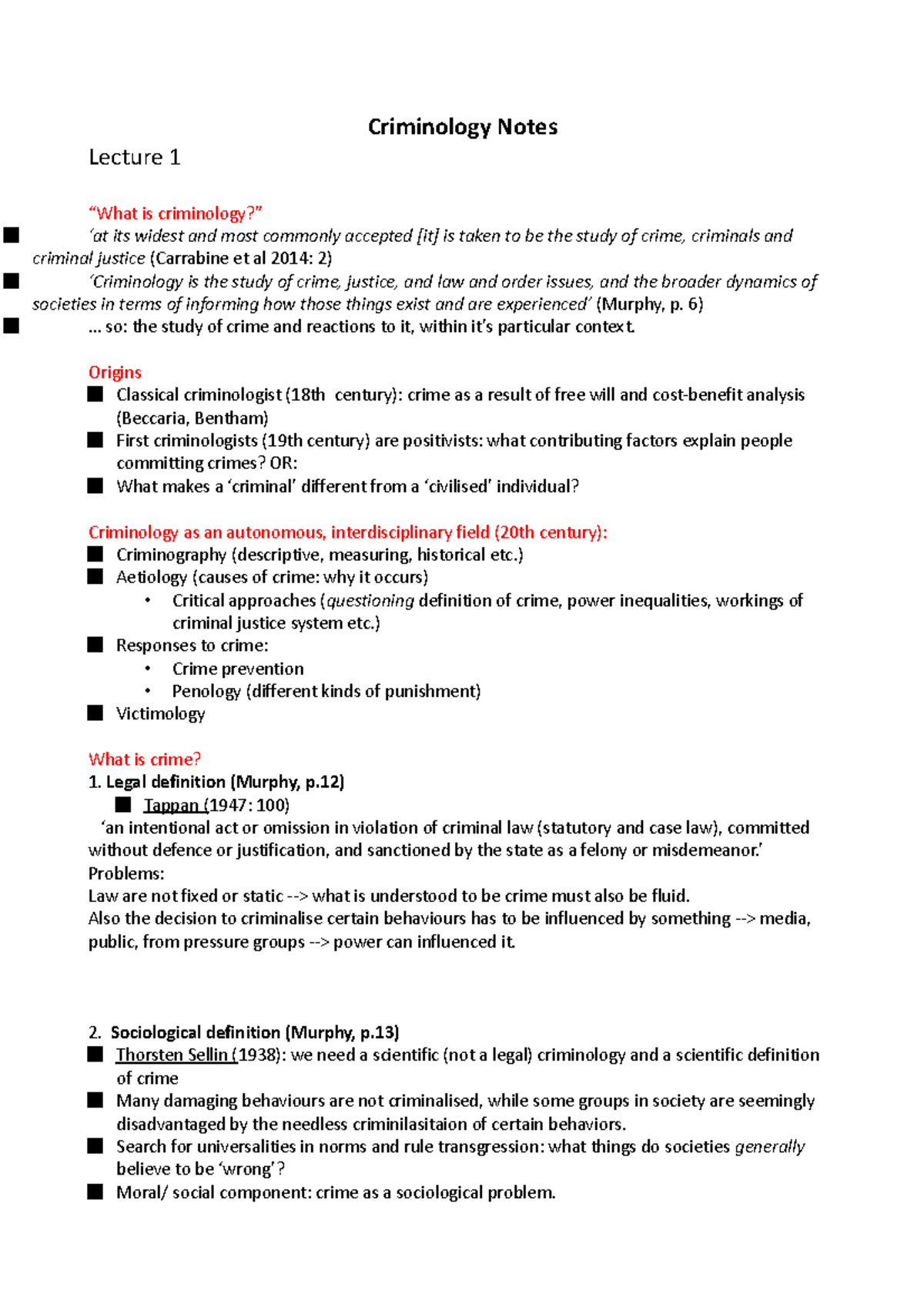 Criminology Notes - Criminology Notes Lecture 1 “What is criminology ...
