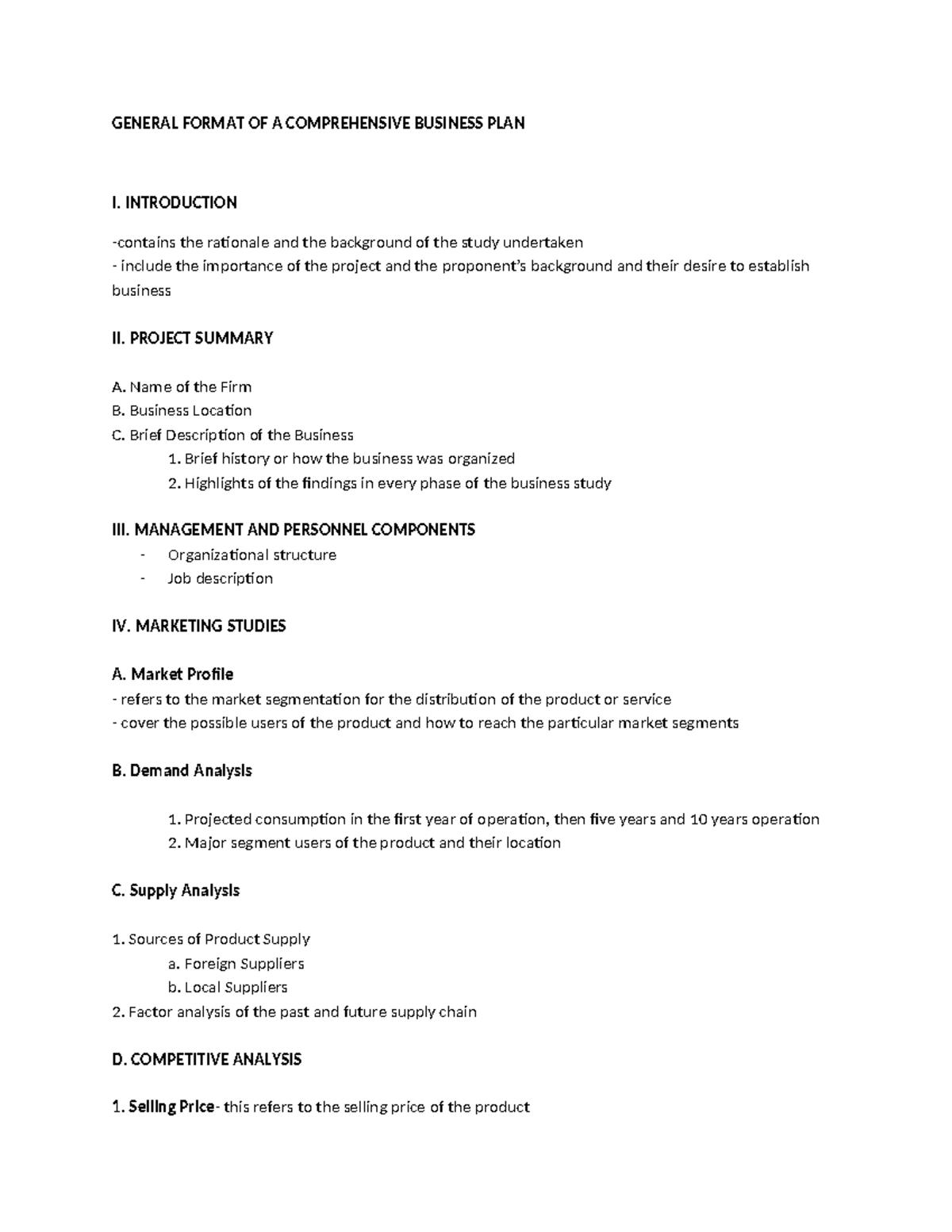 General Format OF A Comprehensive Business PLAN - GENERAL FORMAT OF A ...