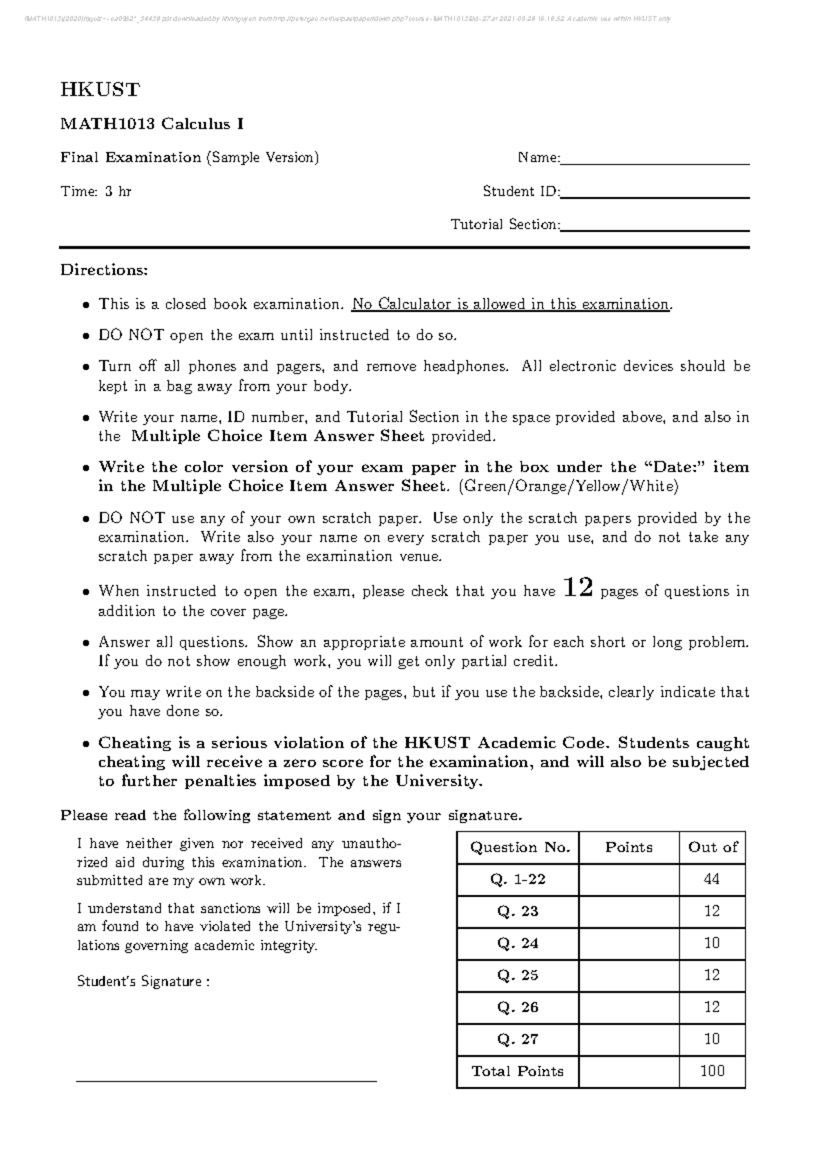 MATH 1013 Practice Materials Calculus IB - HKUST MATH1013 Calculus I ...