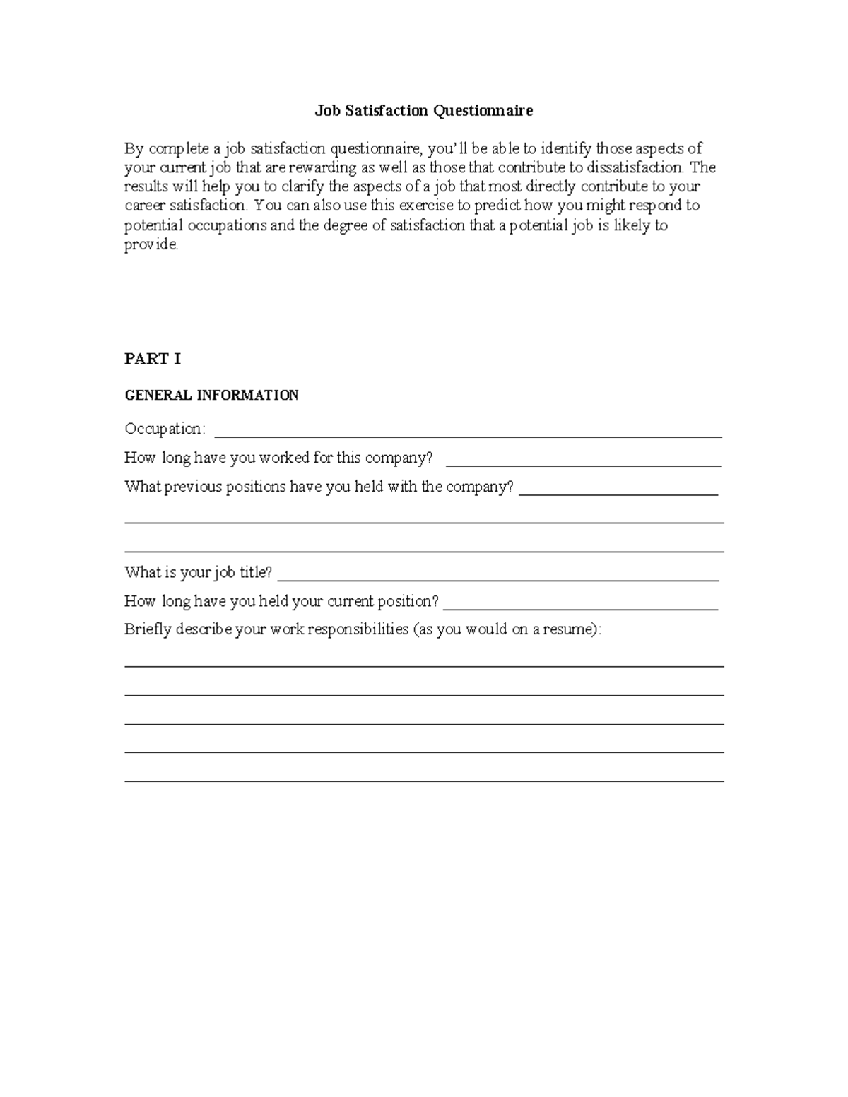 Job Satisfaction Questionnaire - The results will help you to clarify ...