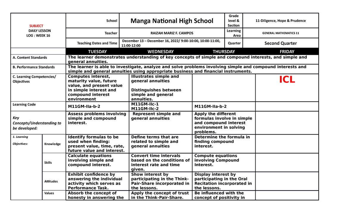 Genmath DLL 16-rayzah - lesson plan - SUBJECT DAILY LESSON LOG : WEEK ...