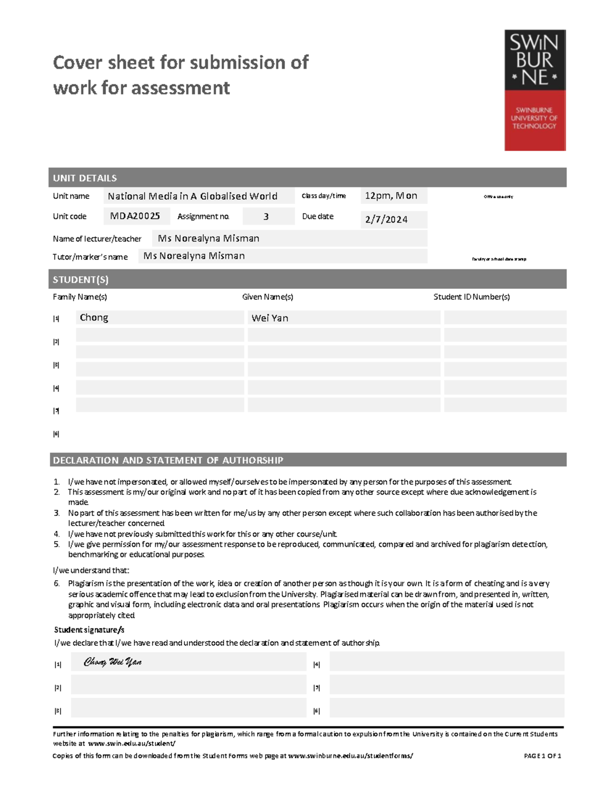 Final Research Essay - Cover sheet for submission of work for ...